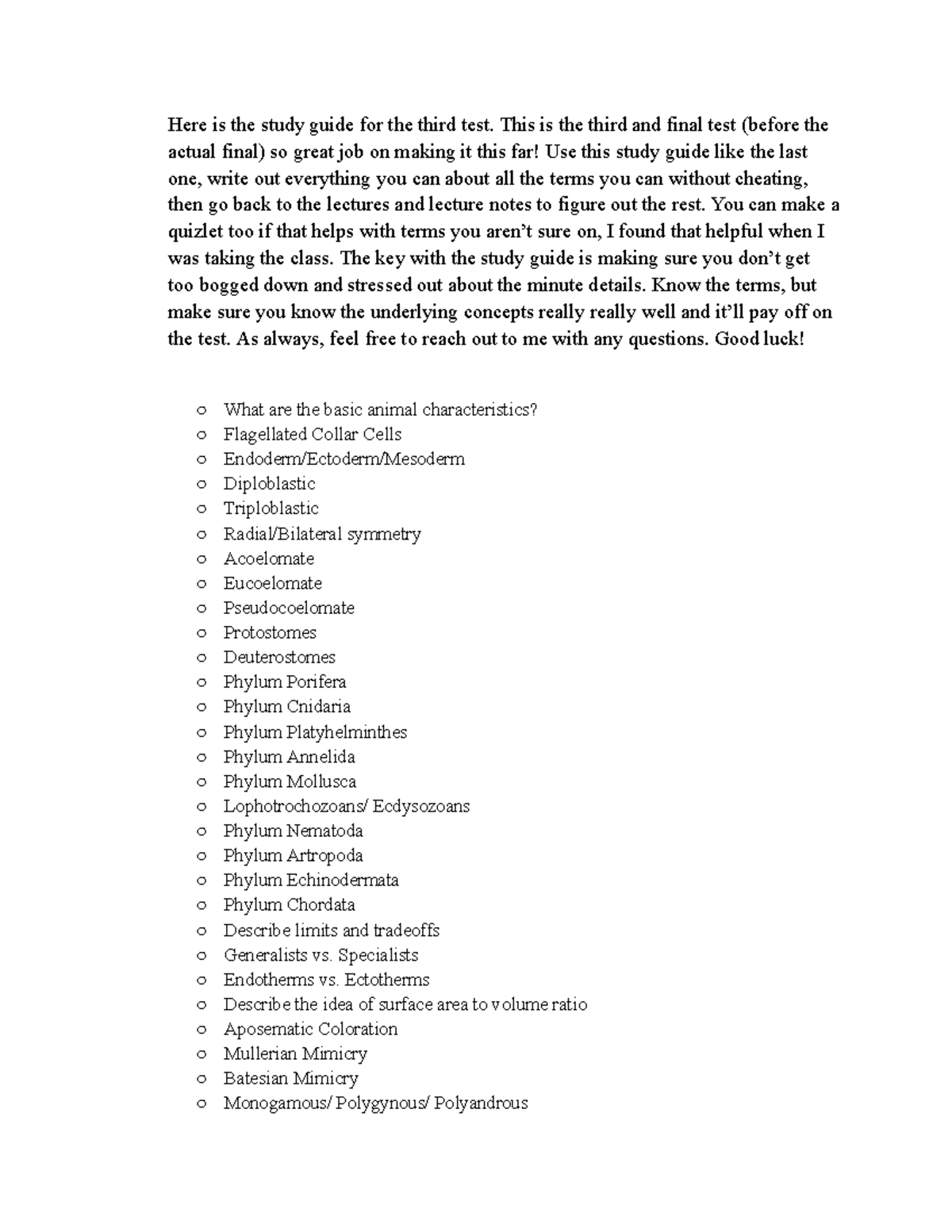 Study Sheet For Exam 3 - Here is the study guide for the third test ...