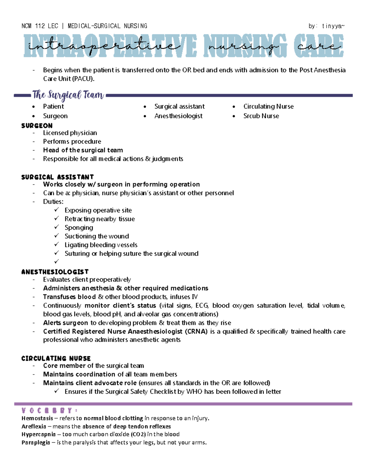 Intraoperative Nursing Care - V o c a bl a r y : u Hemostasis – refers ...