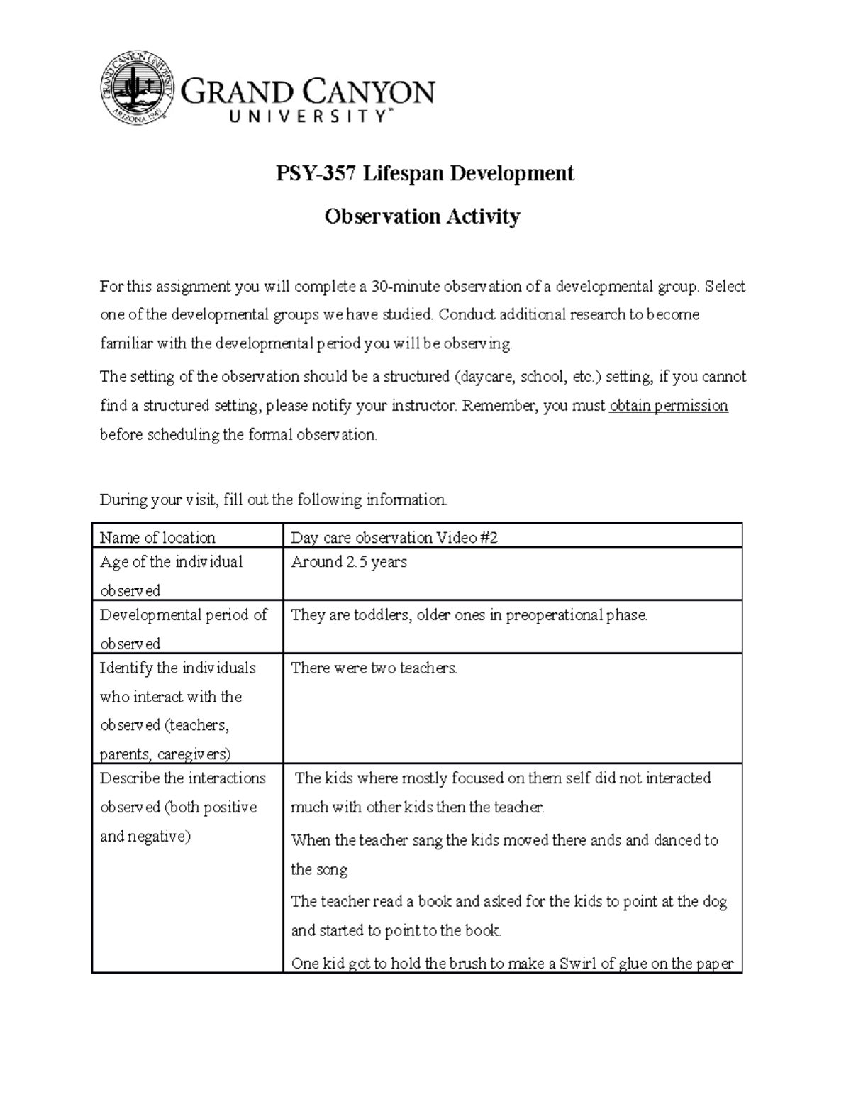 PSY 357 T7 RS Observation Activity - PSY-357 Lifespan Development ...