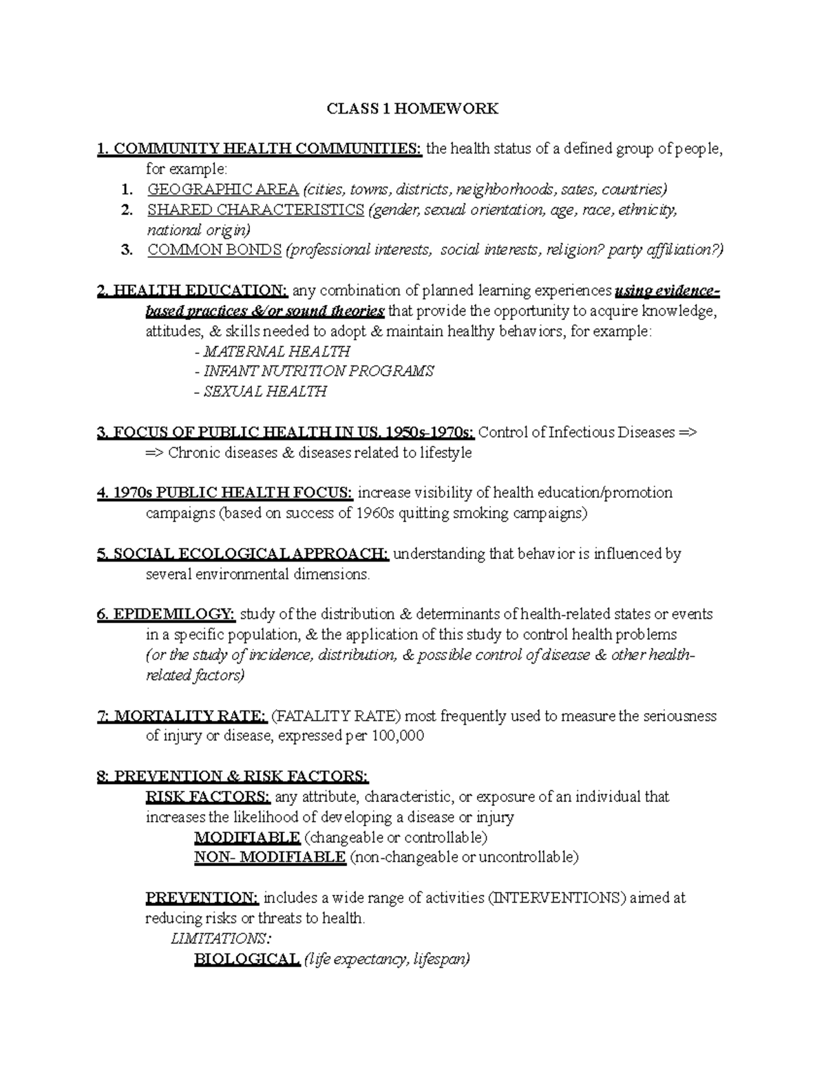 Class 1 Lecture study - CLASS 1 HOMEWORK COMMUNITY HEALTH COMMUNITIES ...