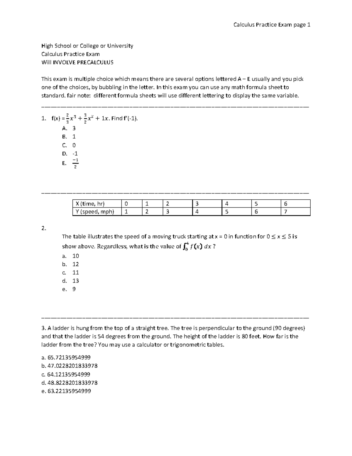 Calculus-Practice-Exam - ####### High School or College or University ...