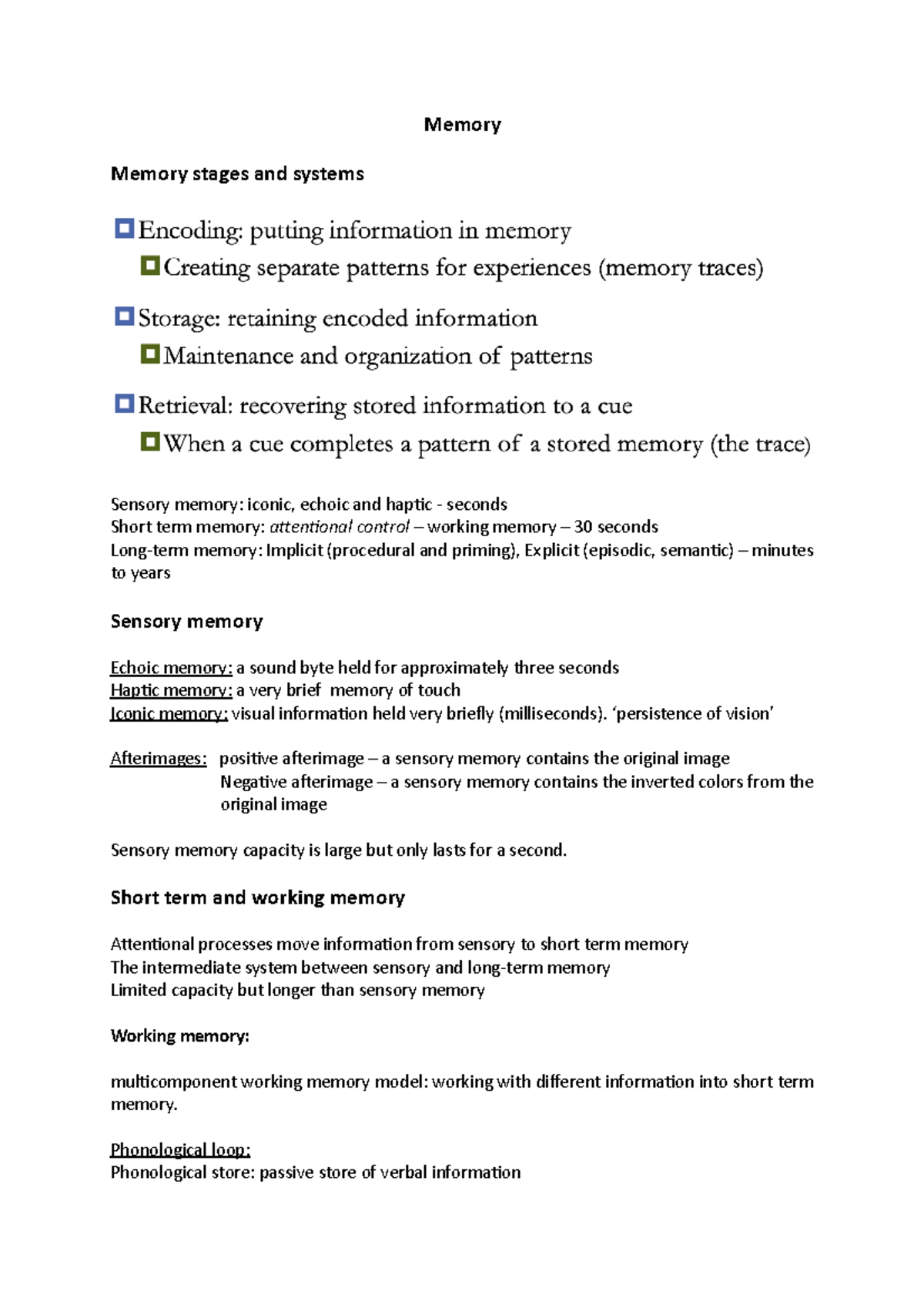 Memory - Memory Memory stages and systems Sensory memory: iconic ...