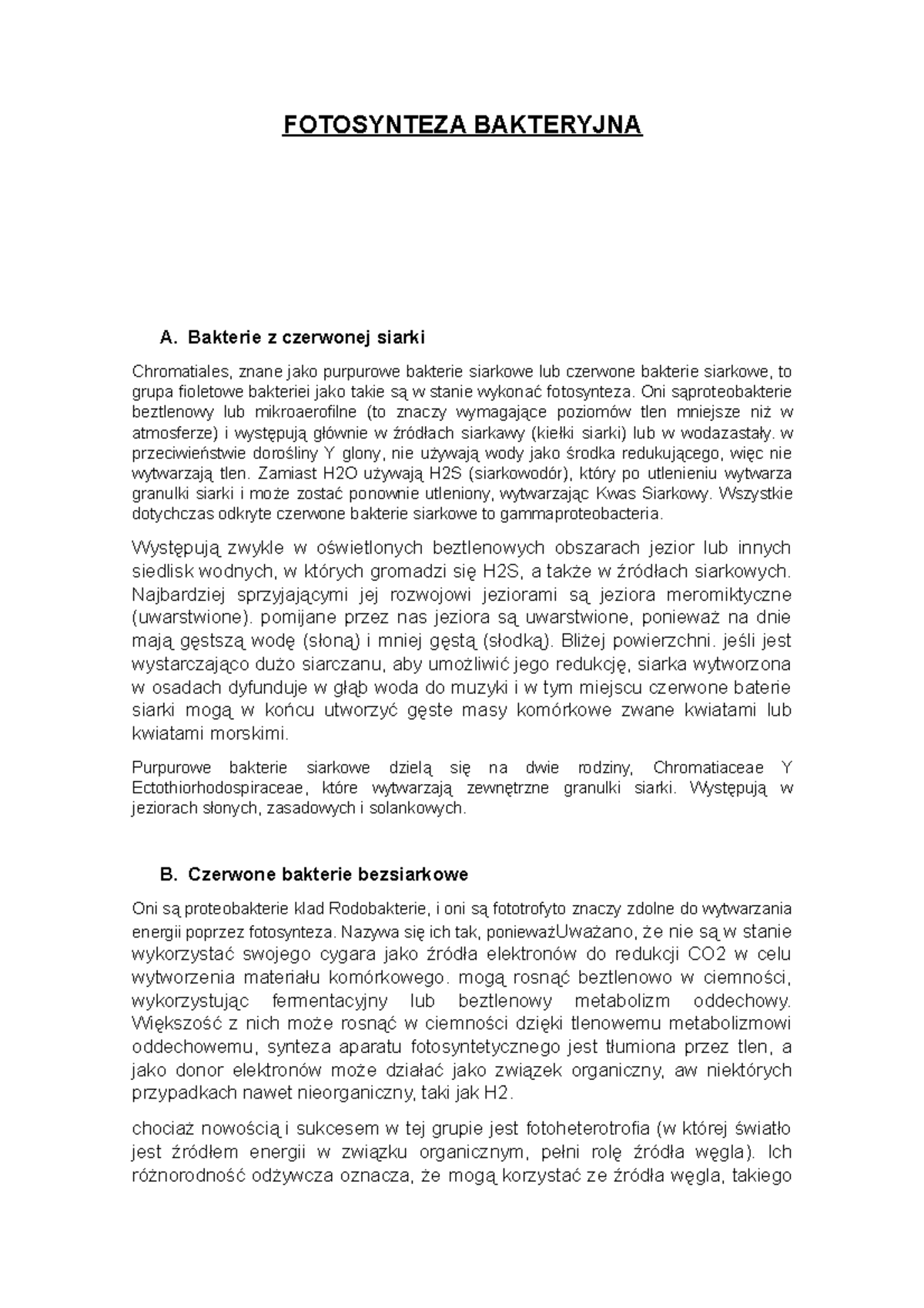 Lekcja 3 - Notatki z wykładu 3 - FOTOSYNTEZA BAKTERYJNA A. Bakterie z ...