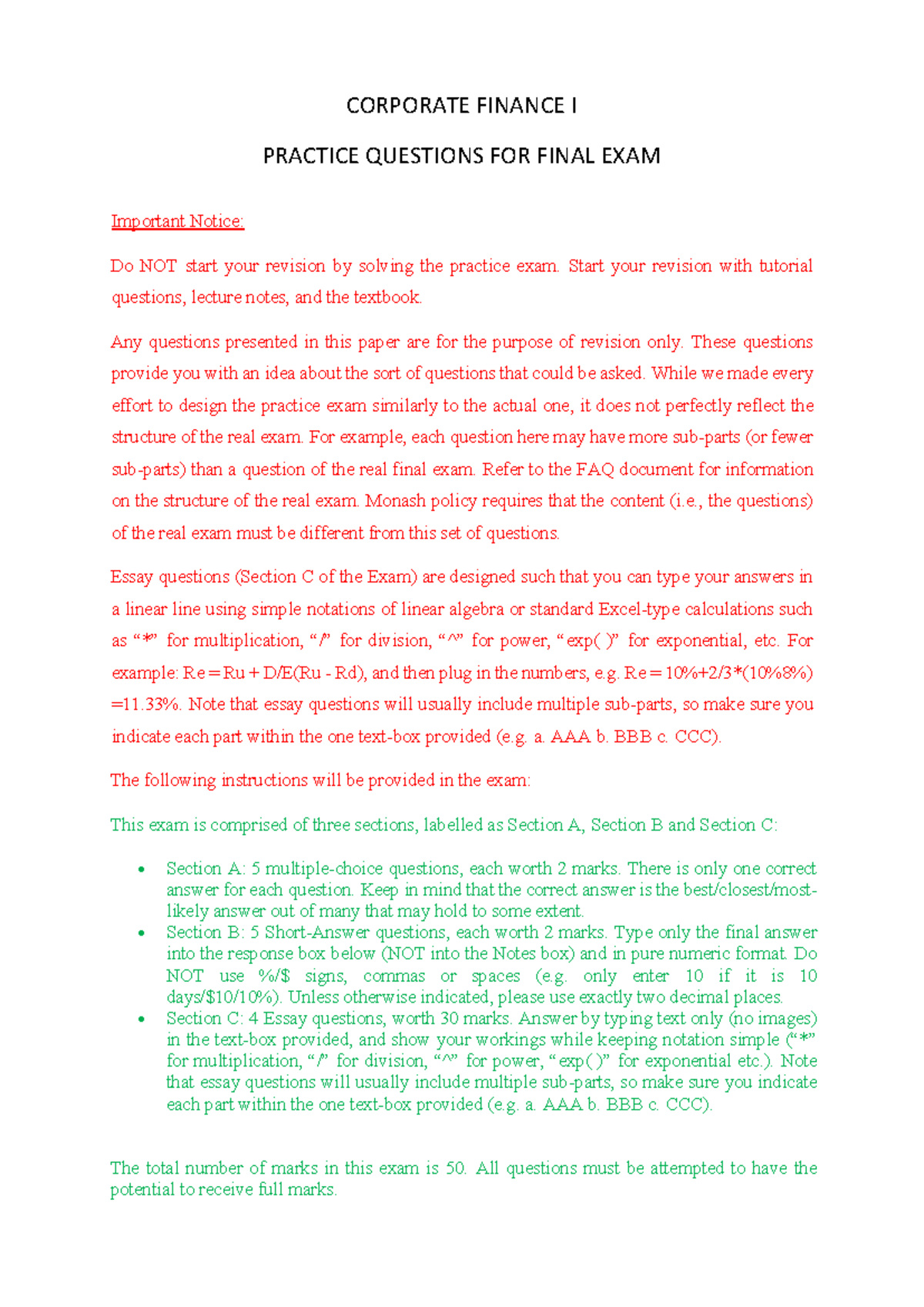 Practice Questions for Final Exam with Solutions - CORPORATE FINANCE I ...