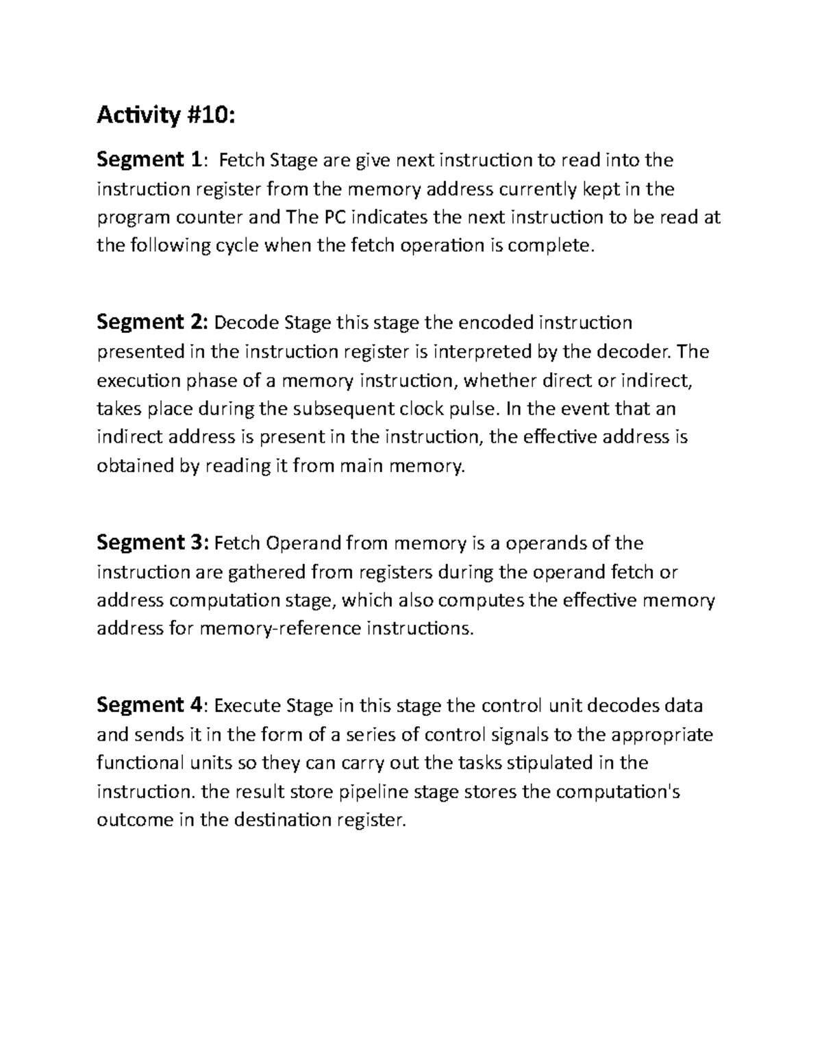 Activity 10 Olsia - asdas - Activity # 10 : Segment 1: Fetch Stage are ...