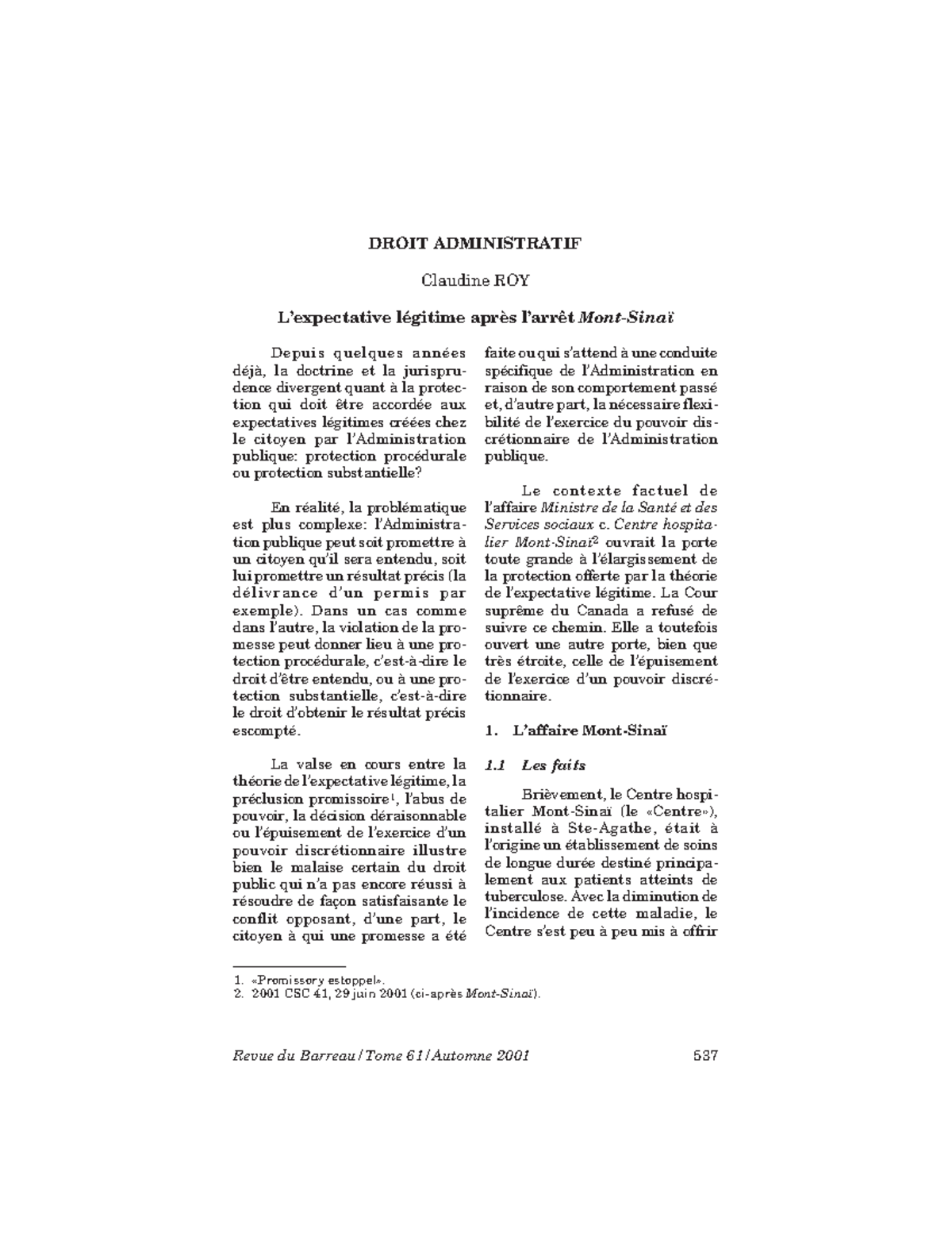 L’expectative légitime après l’arrêt Mont-Sinaï - DROIT ADMINISTRATIF ...