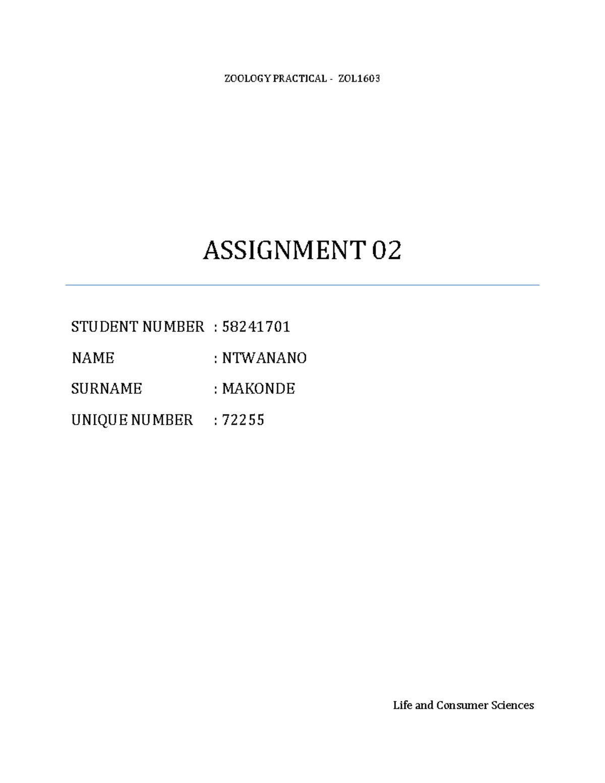 ZOL1603 58241701 Assignment 02 - ZOOLOGY PRACTICAL - ZOL ASSIGNMENT 02 ...