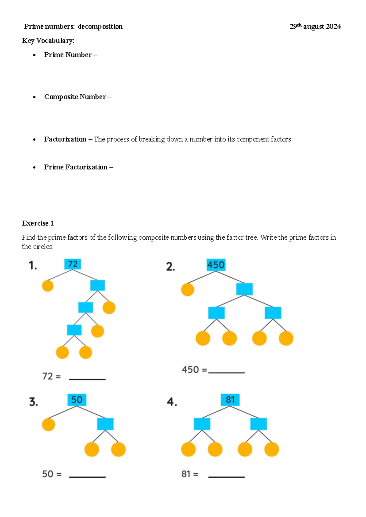 Exercises prime decomposition eleves - Francais - Prime numbers: decomposition 29 th august 2024 ...