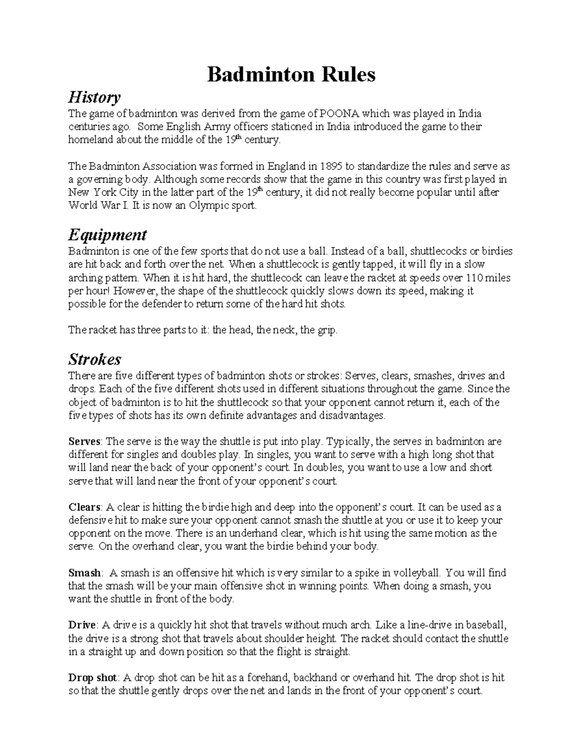 Badminton Rules - Badminton Rules History The game of badminton was ...