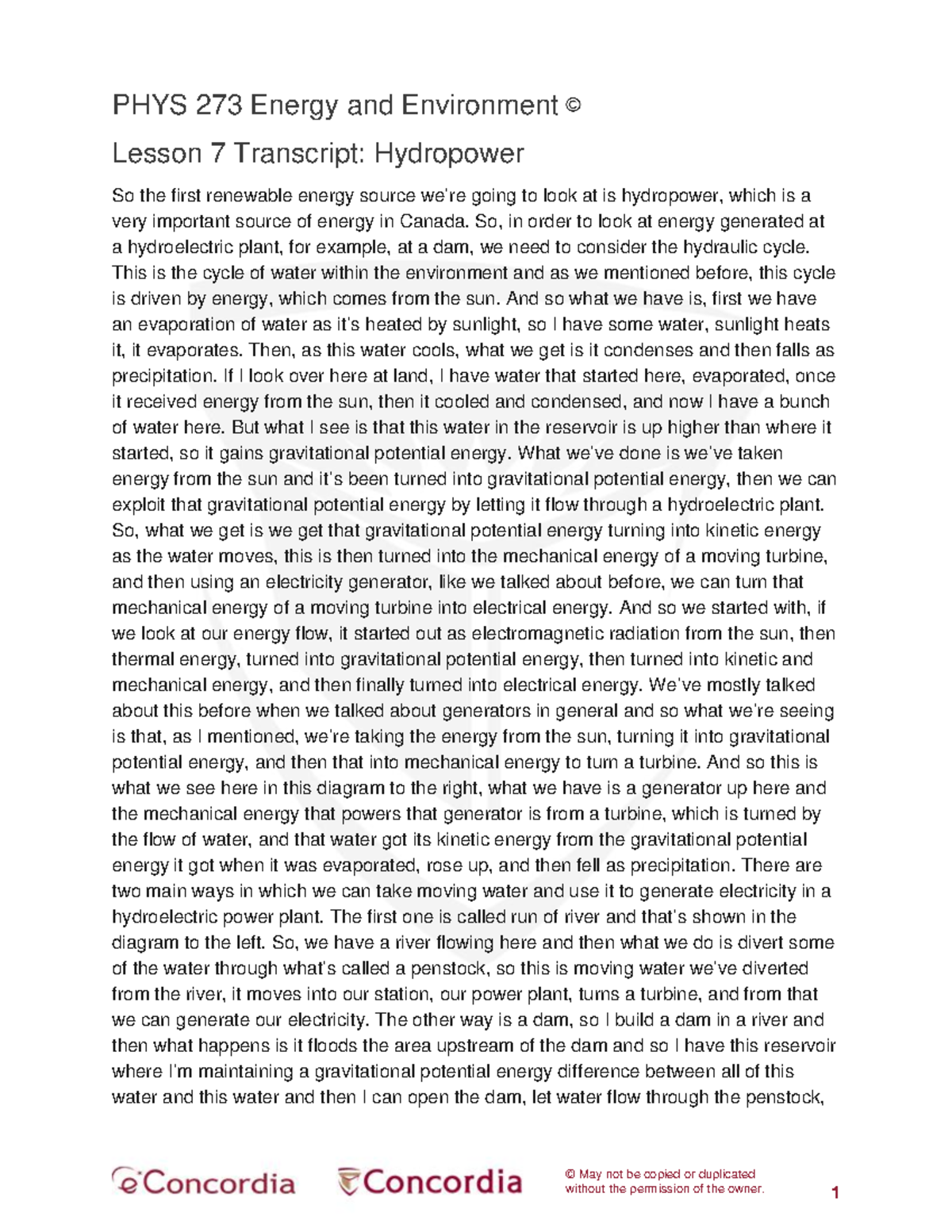 PHYS 273 L7 01 - Hydropower - © May not be copied or duplicated without ...