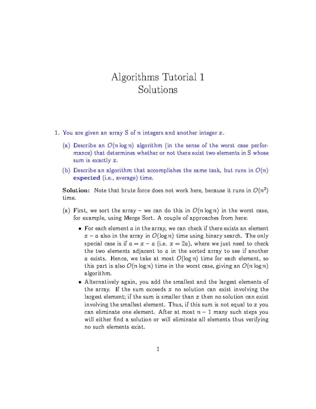 1 Tut Solutions Algorithms Tutorial 1 Solutions You Are Given An Array S Ofnintegers And
