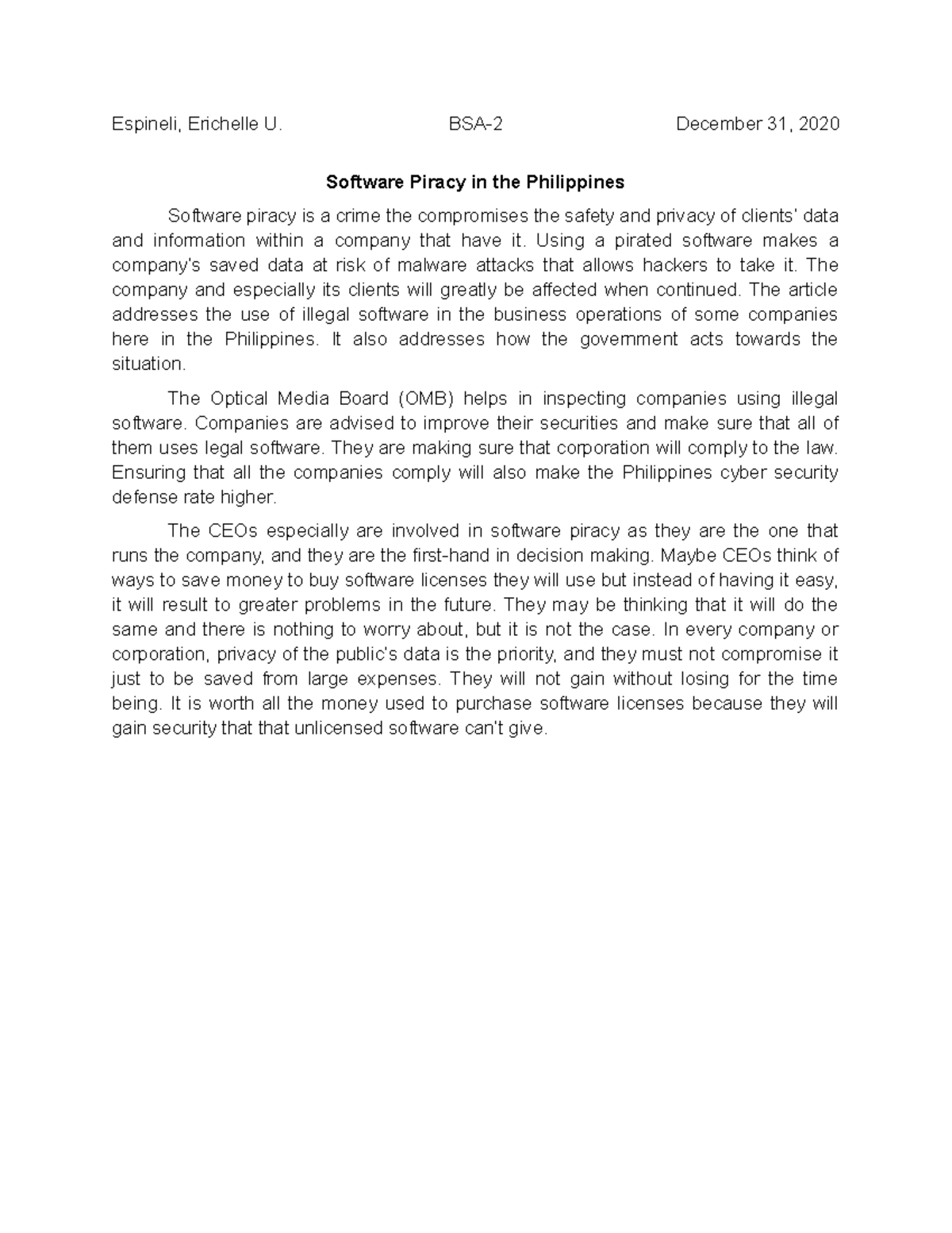 Software Piracy in the Philippines - Essay - Espineli, Erichelle U. BSA ...