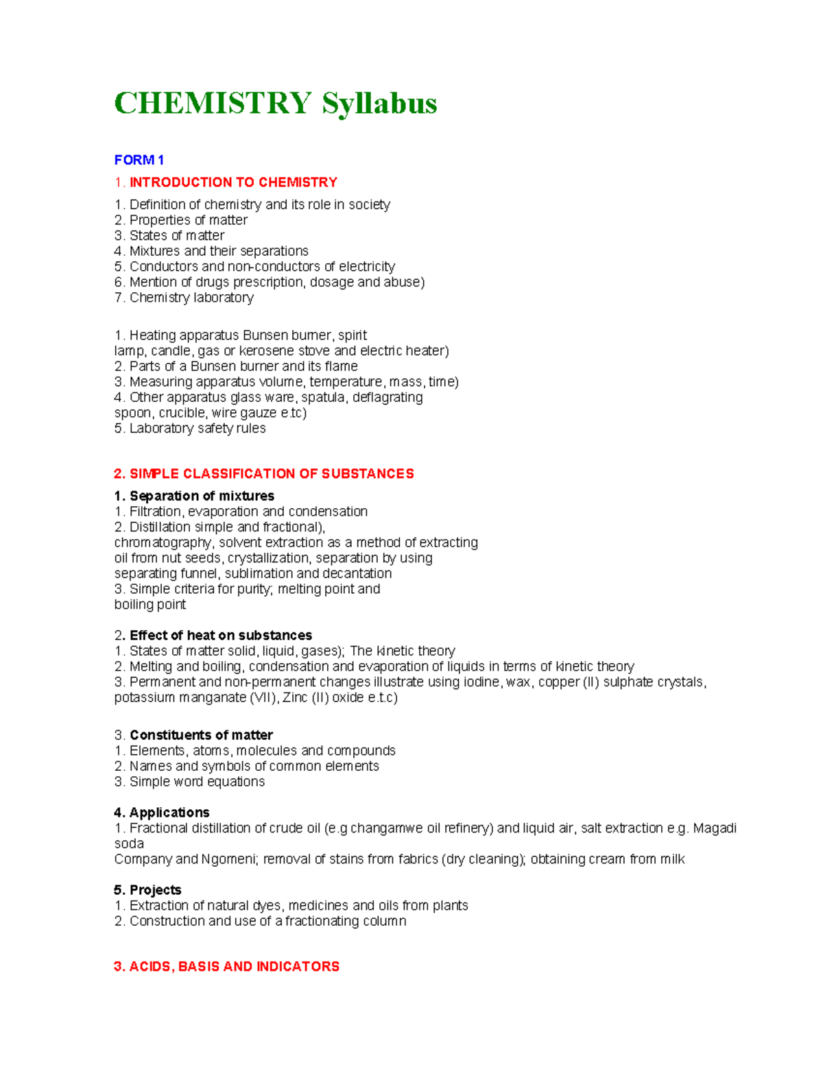 Chemistry-Syllabus - CHEMISTRY Syllabus FORM 1 1. INTRODUCTION TO ...