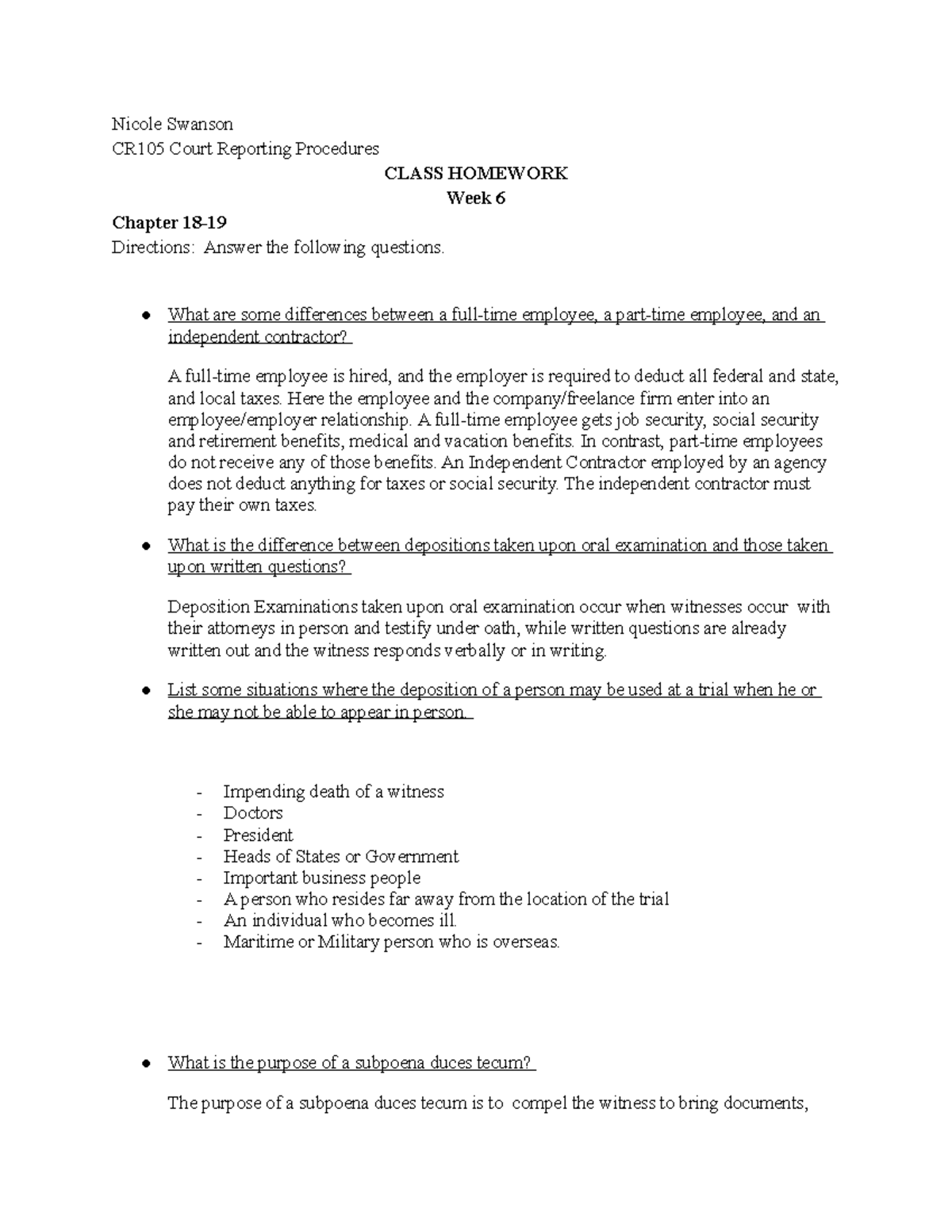CR105 WEEK 5 HW - Nicole Swanson CR105 Court Reporting Procedures CLASS ...