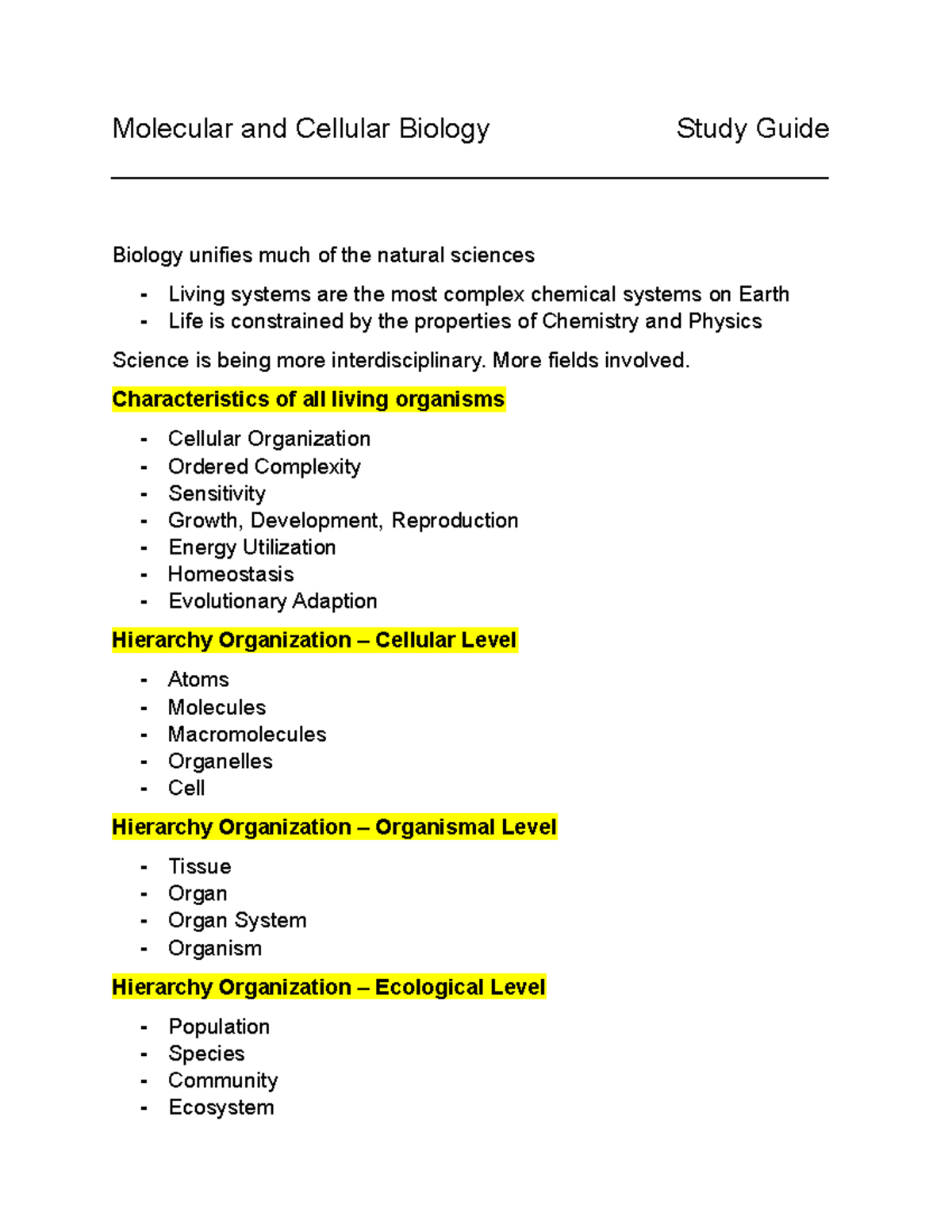 Molecular and Cellular Biology Week 1 - Molecular and Cellular Biology ...