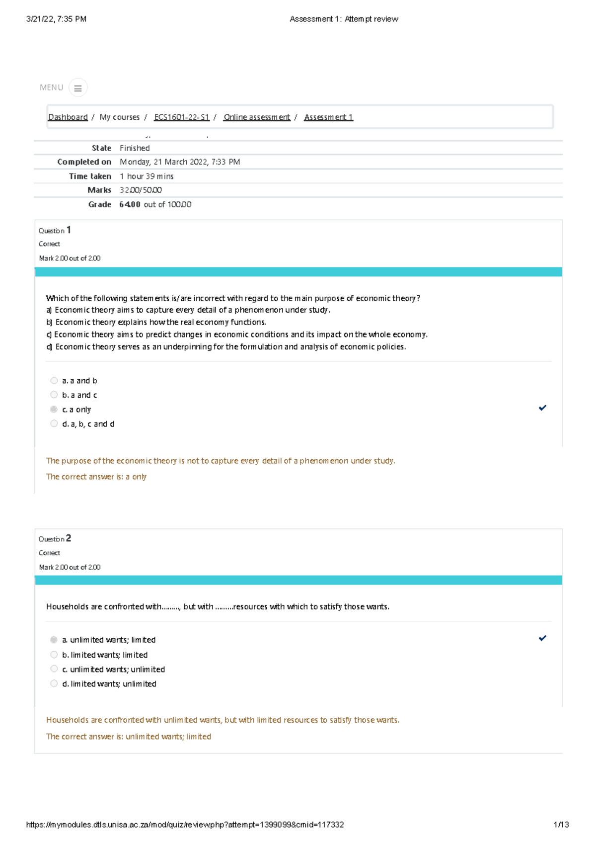 Assessment 1 Attempt review - Started on Monday, 21 March 2022, 5:54 PM ...
