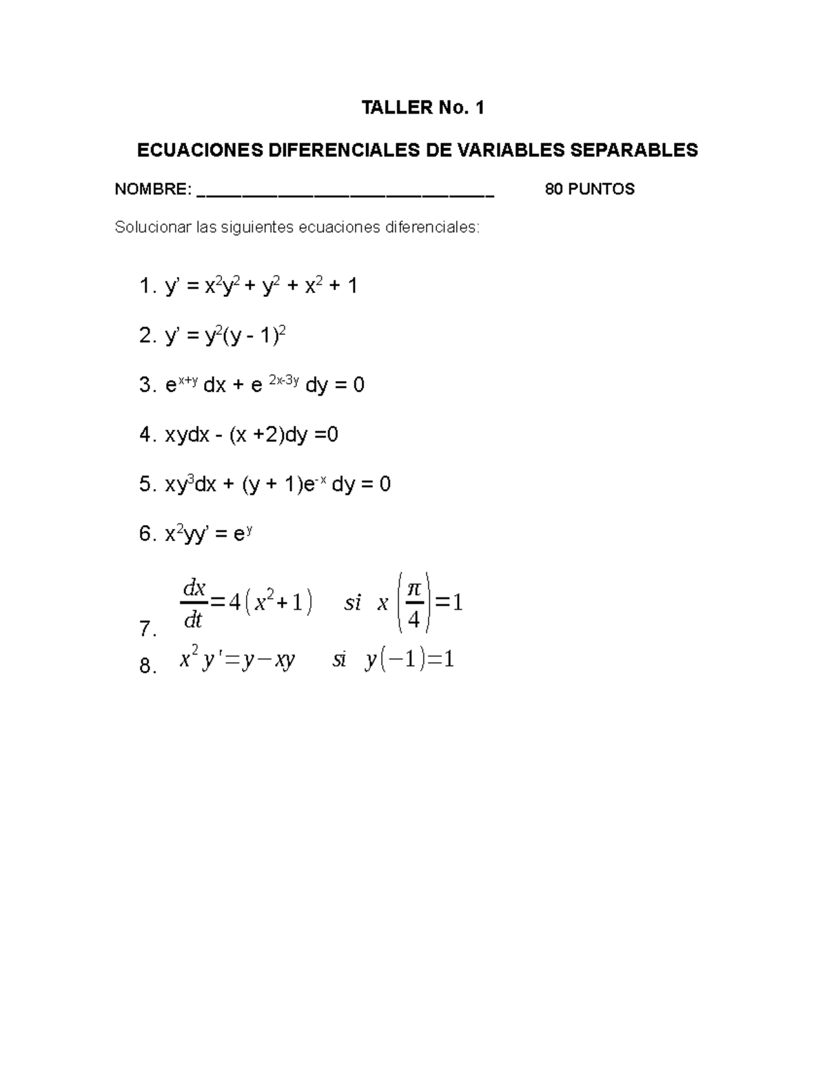 Talleres 3 Primeros Metodos TALLER No 1 ECUACIONES DIFERENCIALES DE