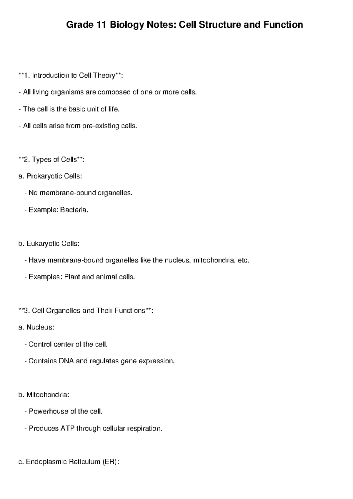 Grade 11 Biology Notes - Grade 11 Biology Notes: Cell Structure and ...