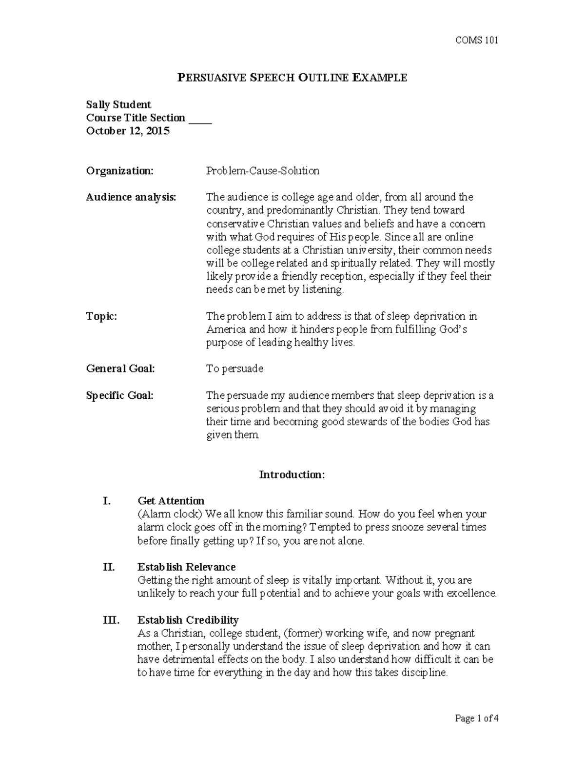 Persuasive Speech Outline Example - PERSUASIVE SPEECH OUTLINE EXAMPLE ...