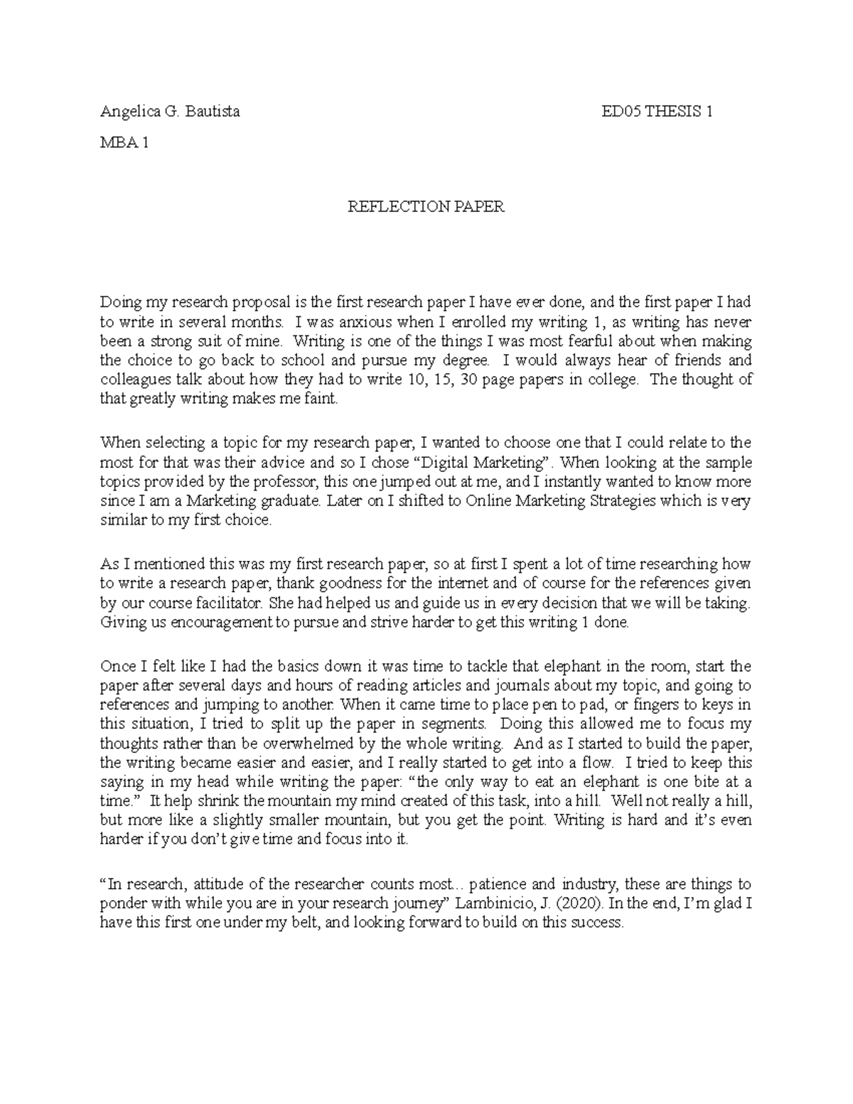 Reflection Paper - Angelica G. Bautista ED05 THESIS 1 MBA 1 REFLECTION ...