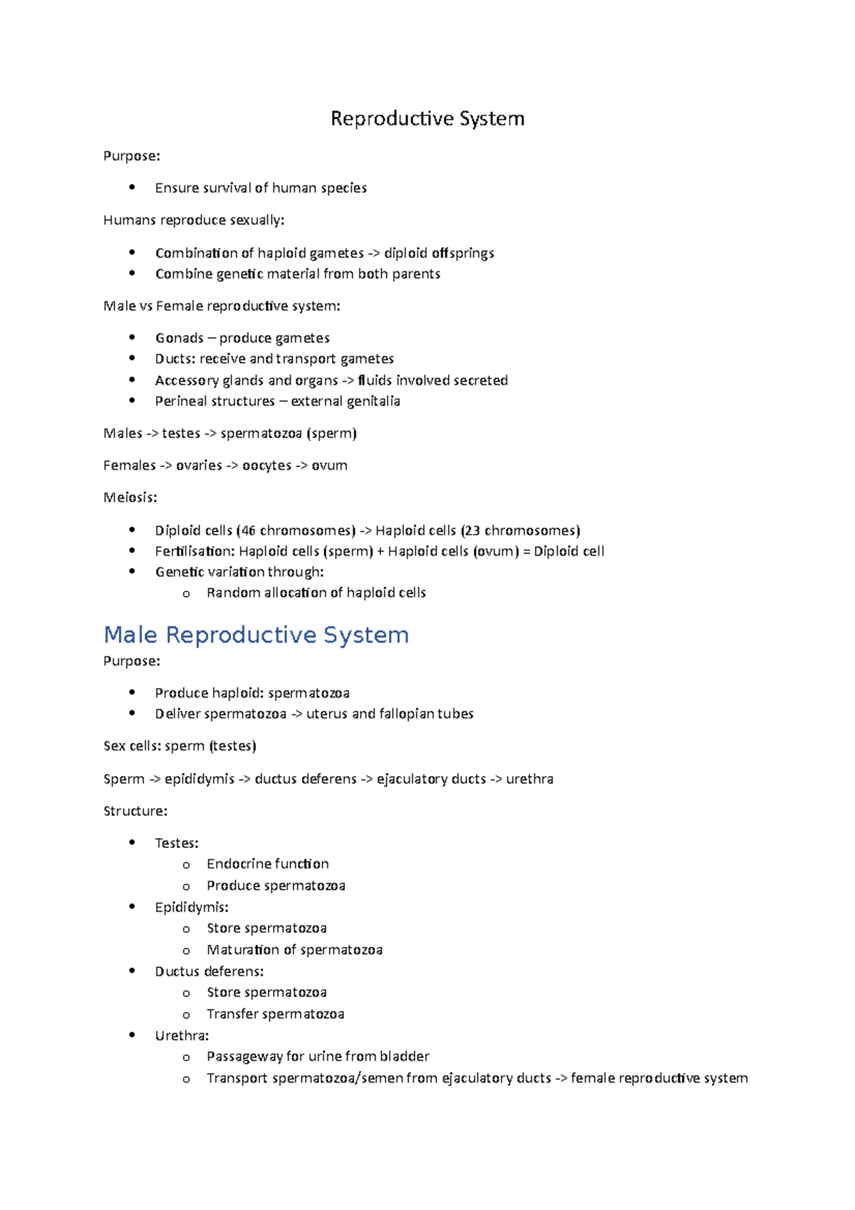 Reproductive System Notes - Reproductive System Purpose: Ensure ...