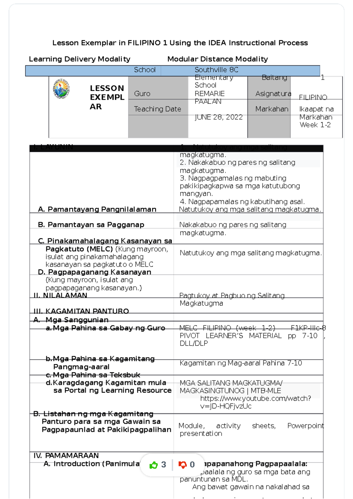 Salitang Magkatugma Lesson Plan Grade 3