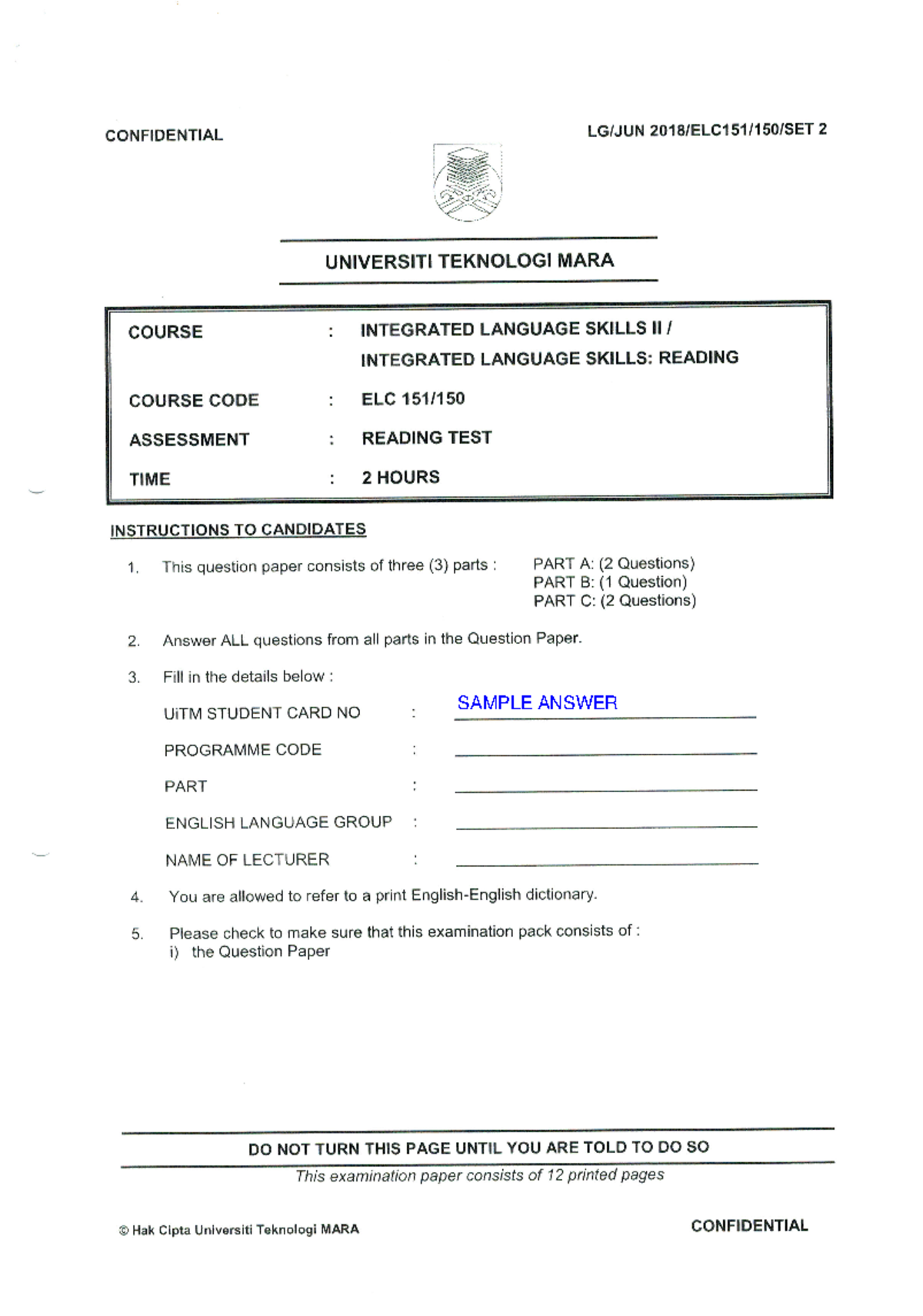 English reading test for univercity muet - SAMPLE ANSWER formaldehyde a ...