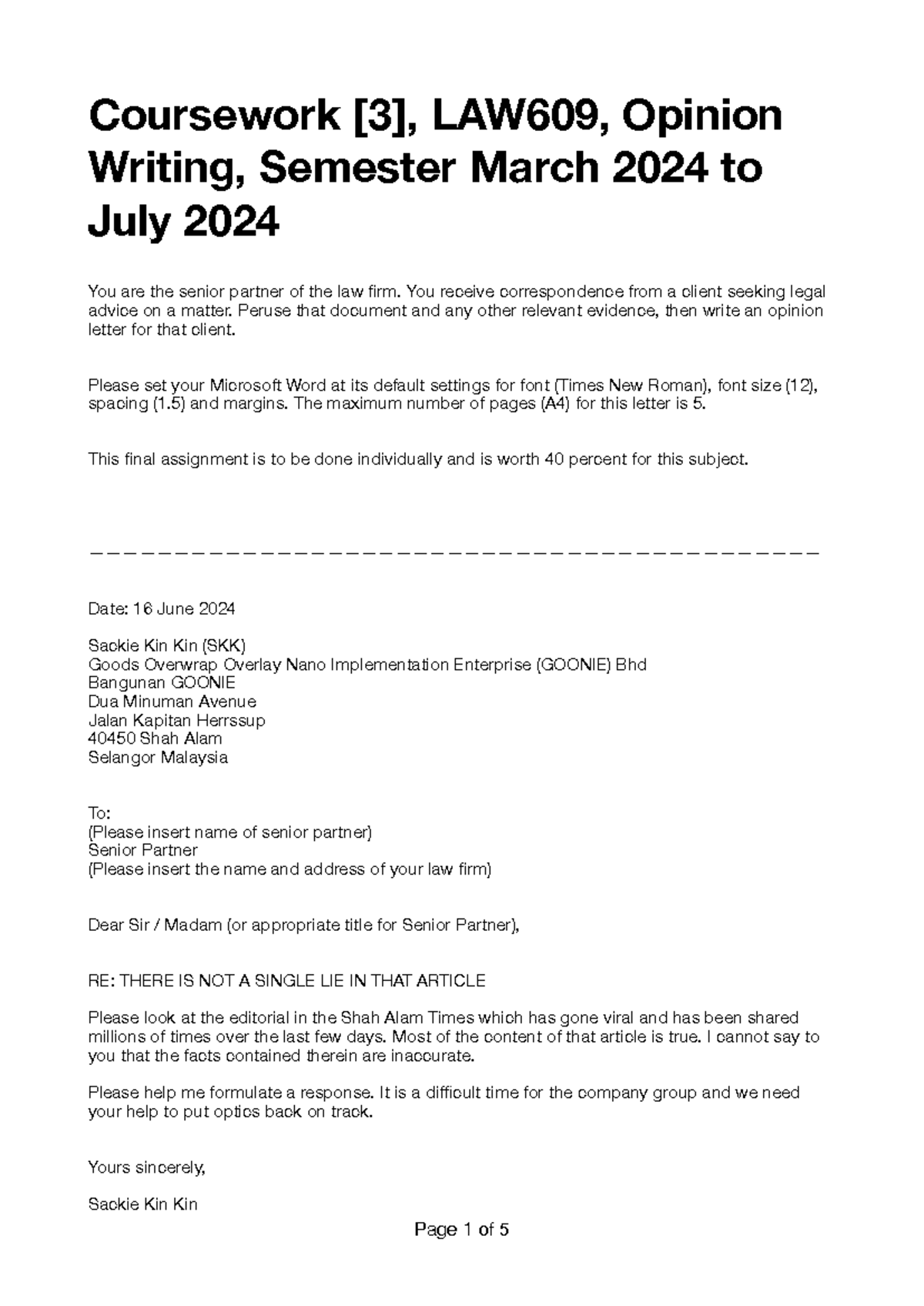 Coursework 3 - You receive correspondence from a client seeking legal ...