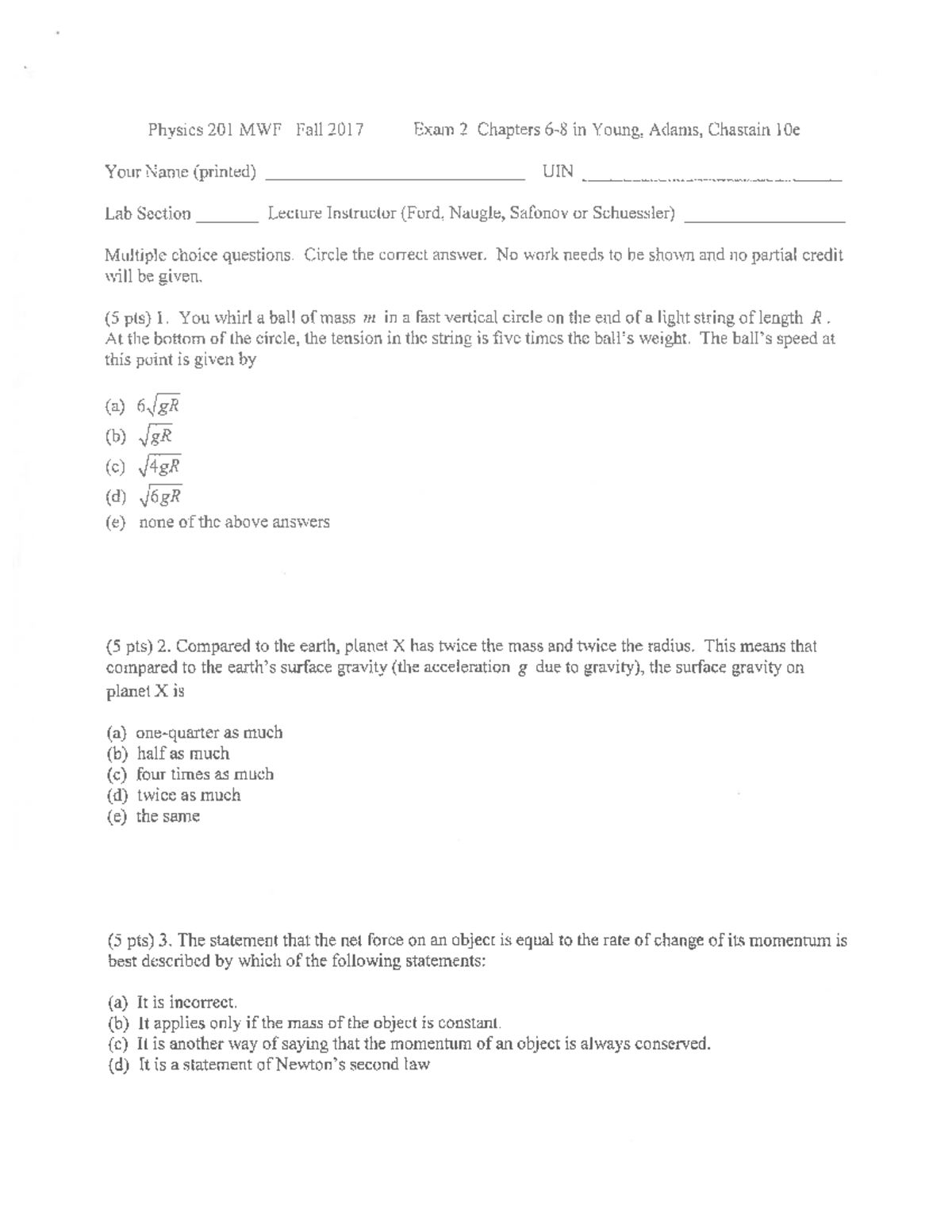 Ex2f17noans - Exam 2017 - PHYS 201 - Studocu