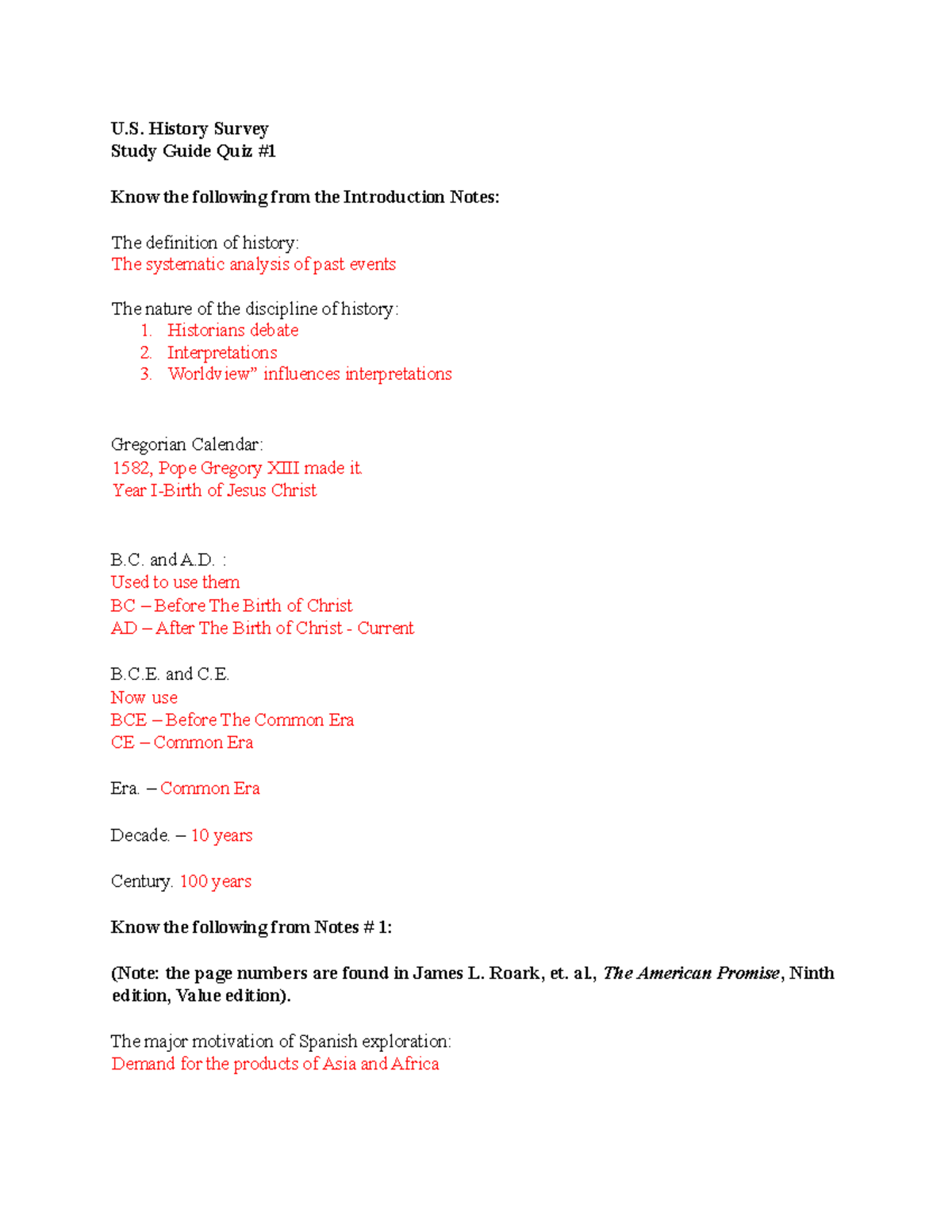 Quiz 1 Study Guide Fall 2023 - U. History Survey Study Guide Quiz ...