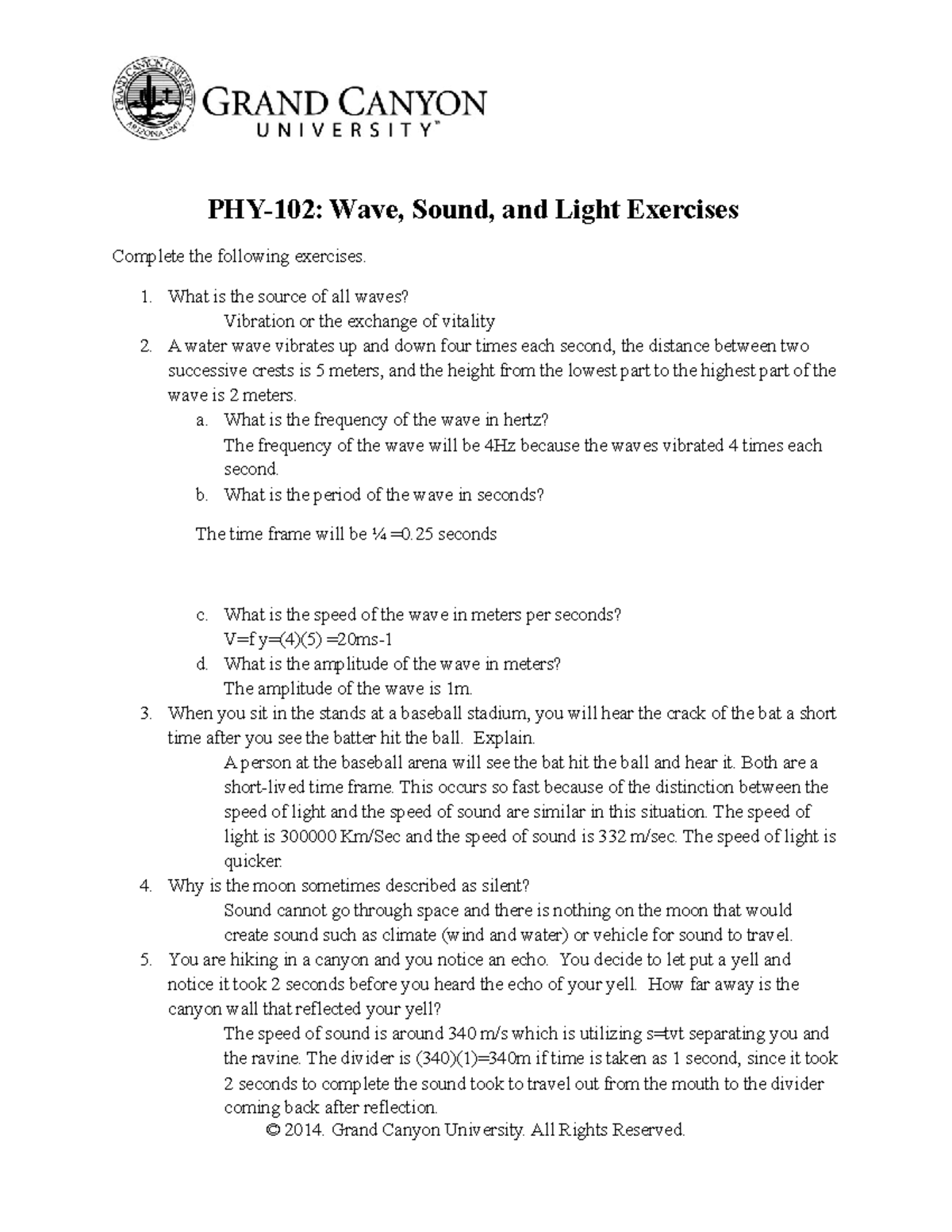 PHY 102 RS Wave Soundand Light Exercises - PHY-102: Wave, Sound, and ...