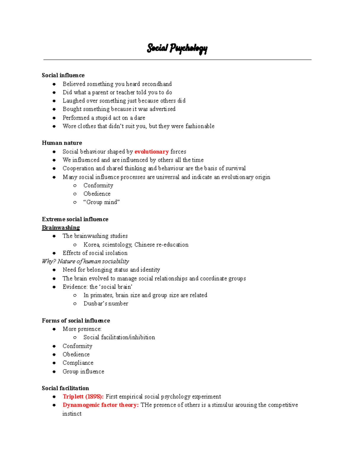 Social Psychology Notes - Social Psychology Social influence Believed ...