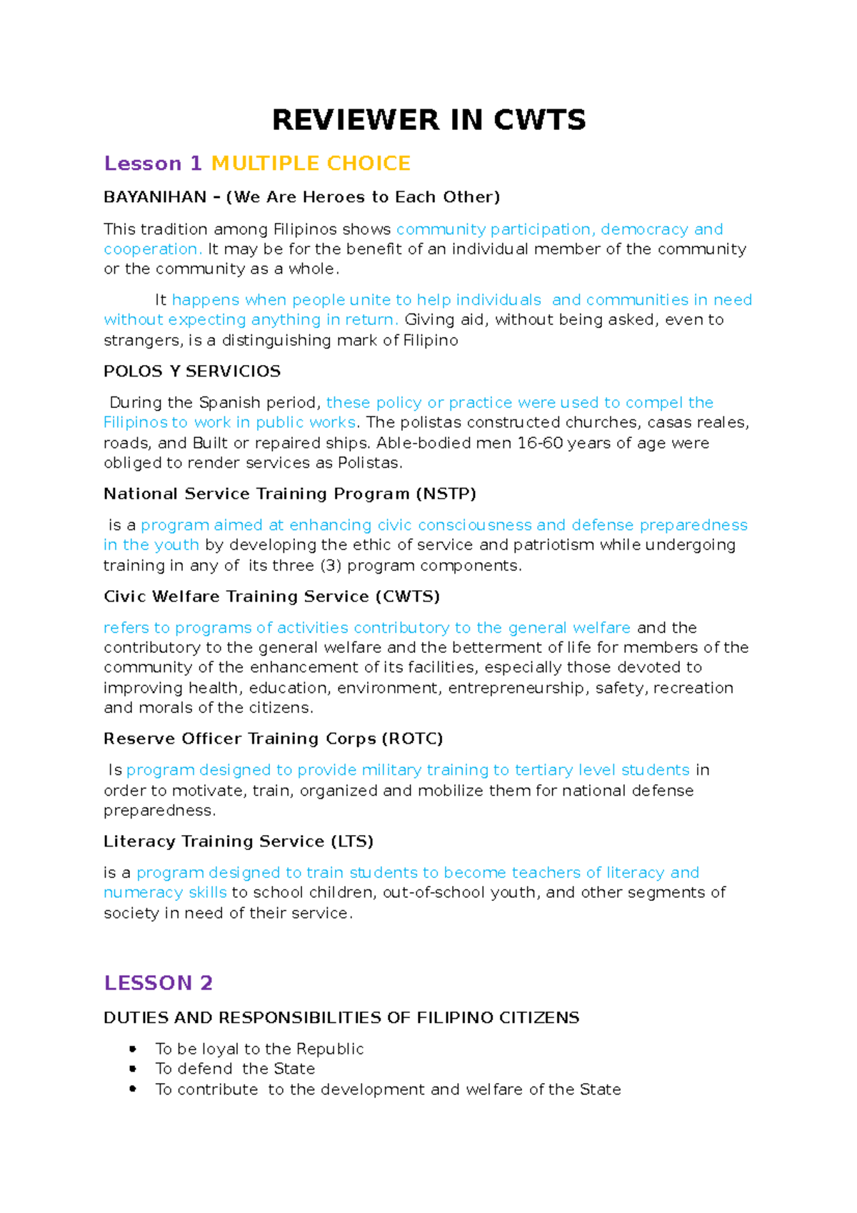 Reviewer-CWTS - none - REVIEWER IN CWTS Lesson 1 MULTIPLE CHOICE ...