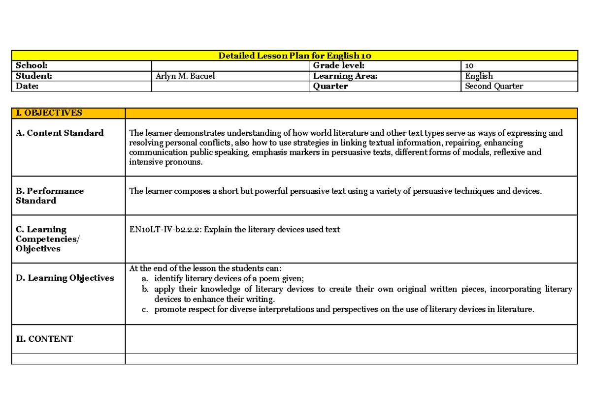 DLP G10 Traditional Literary Devices Copy - Detailed Lesson Plan for ...