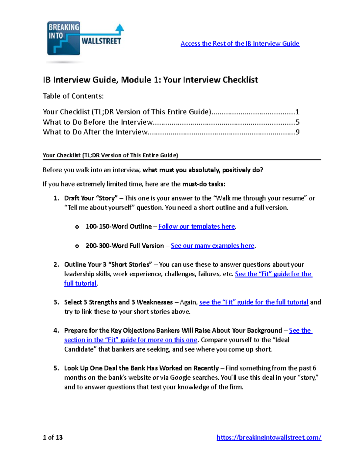 IBIG 01 02 Interview Checklist - IB Interview Guide, Module 1: Your ...
