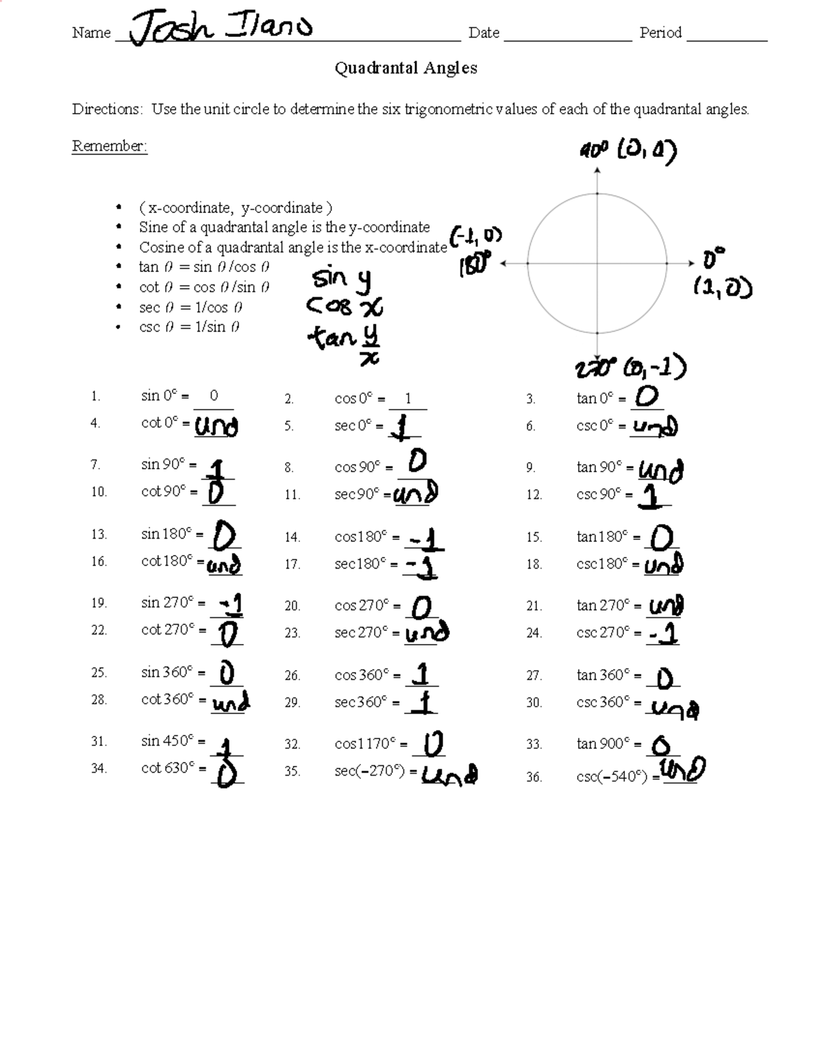 Quadrantal Angles Practice - Quadrantal Angles Directions: Use the unit ...