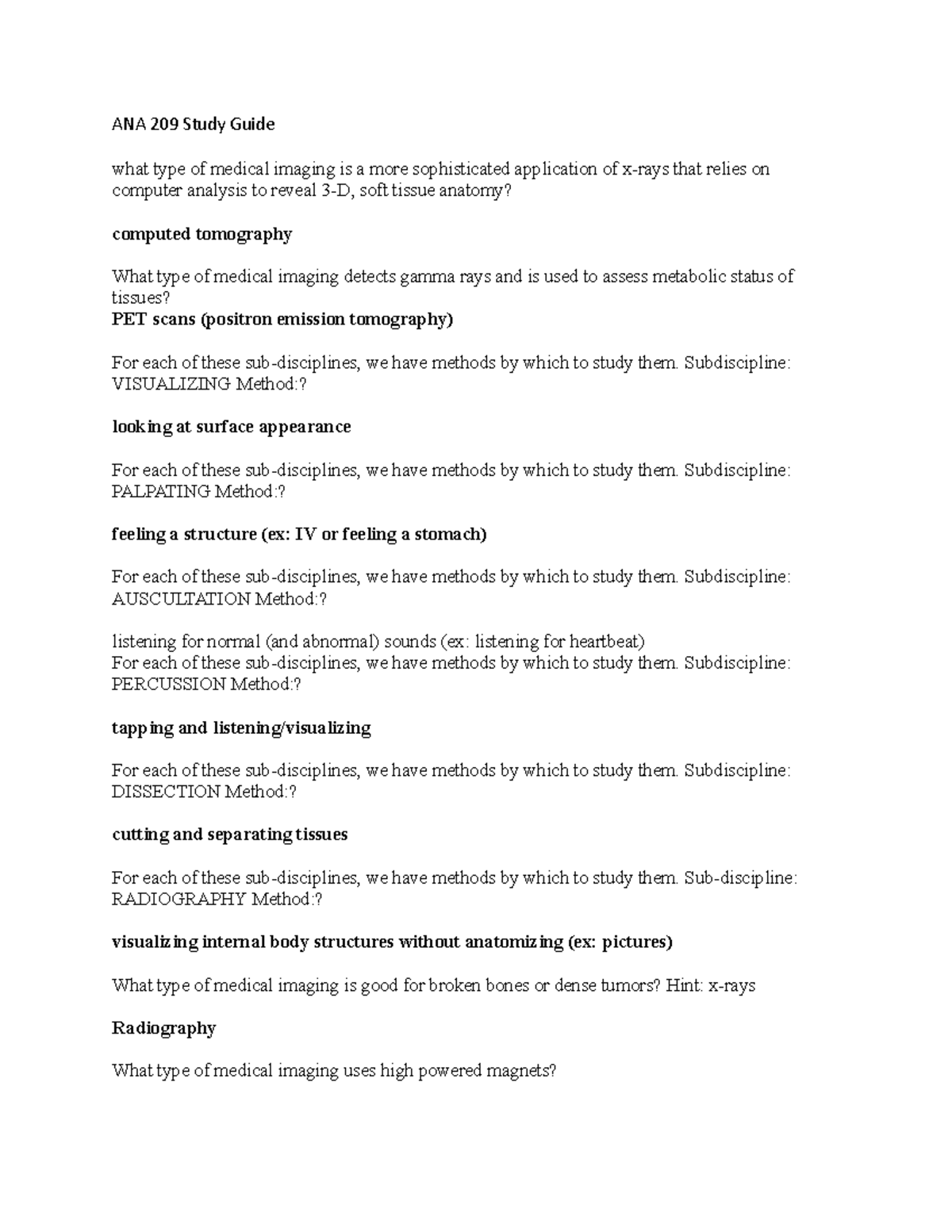 ANA 209 Study Guide - ANA 209 Study Guide what type of medical imaging ...
