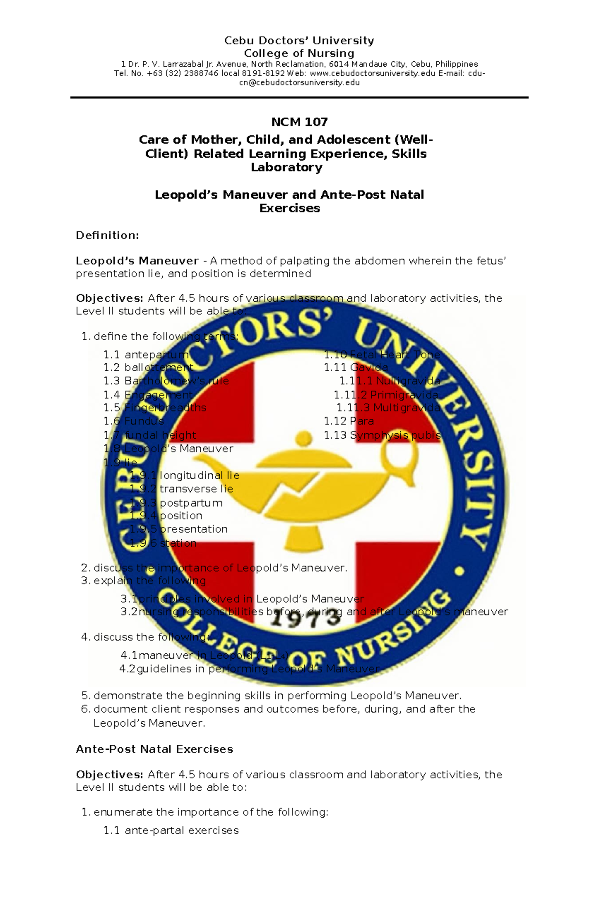 NCM 107 Procedure Guides - College of Nursing 1 Dr. P. V. Larrazabal Jr ...