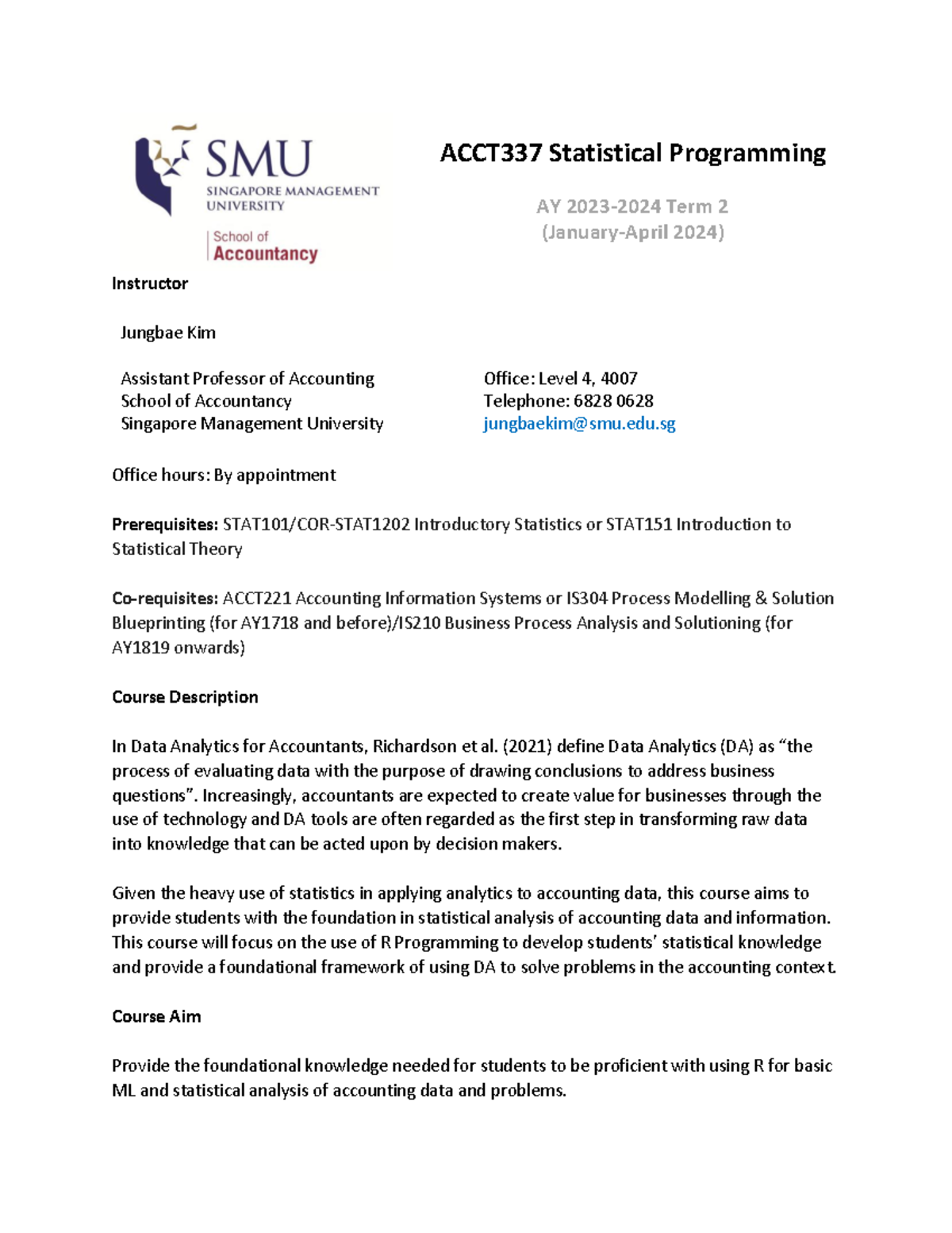 ACCT337 KIM JUNG-BAE - course outline for yr23/24 - ACCT337 Statistical ...