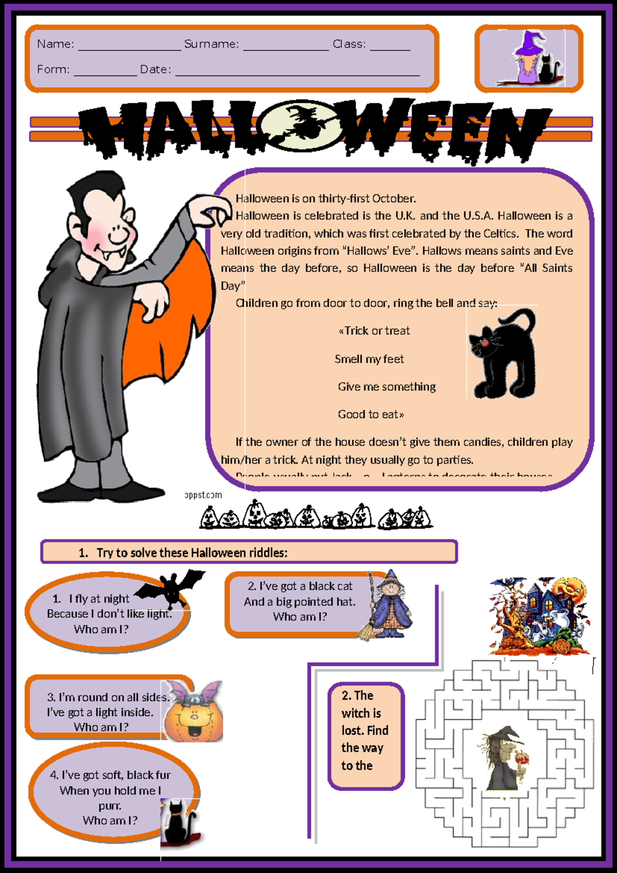 Hallooween stories and funny riddles - Name: __________________ Surname ...
