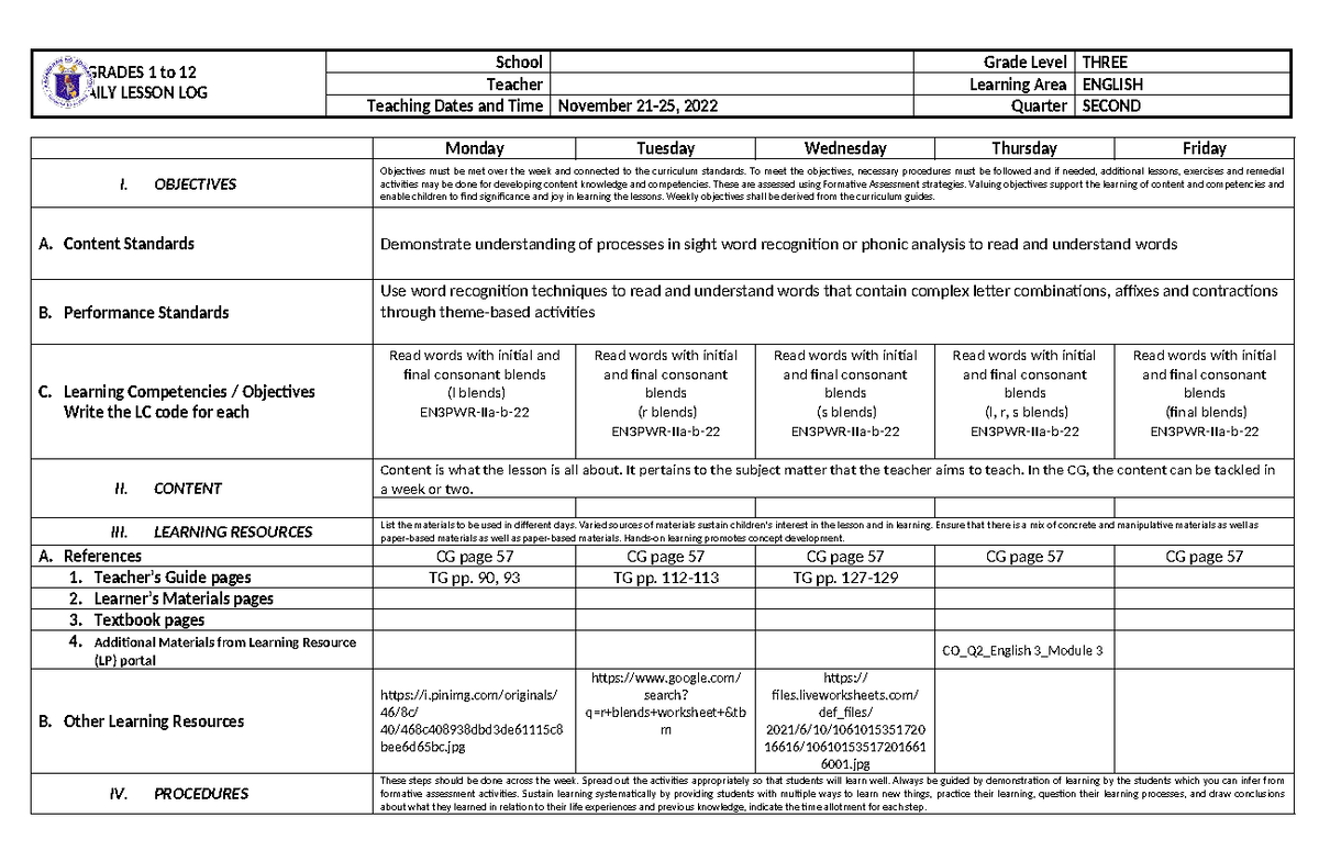 ENG-W3Q2 - lesson plan for grade 3 - School Grade Level THREE Teacher ...