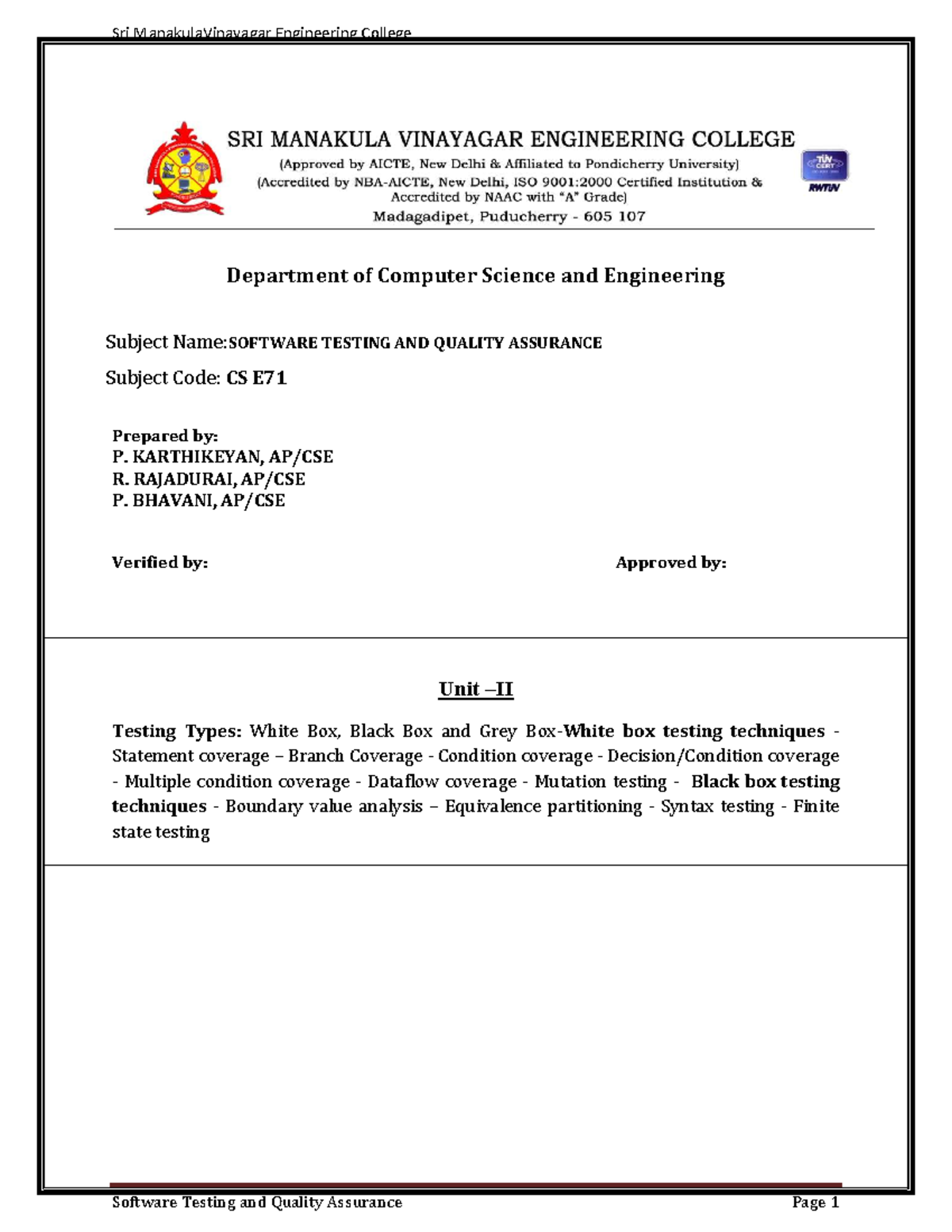 UNIT II - Testing Types: White Box, Black Box and Grey Box-White box ...