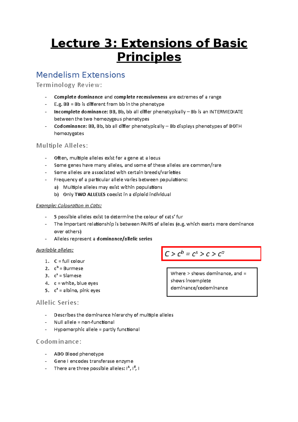 Lecture 3, 4, 5; Extensions of Mendelian Principles - Mbg2040 - U of G - Studocu
