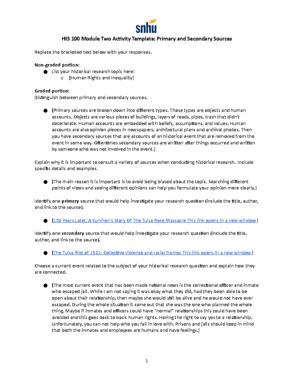 History - assignment 2 - HIS 100 Module Two Activity Template: Primary and Secondary Sources ...