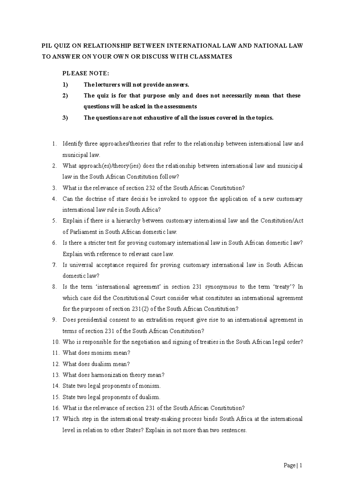 PIL Quiz on Relationship between IL and National Law - PIL QUIZ ON ...