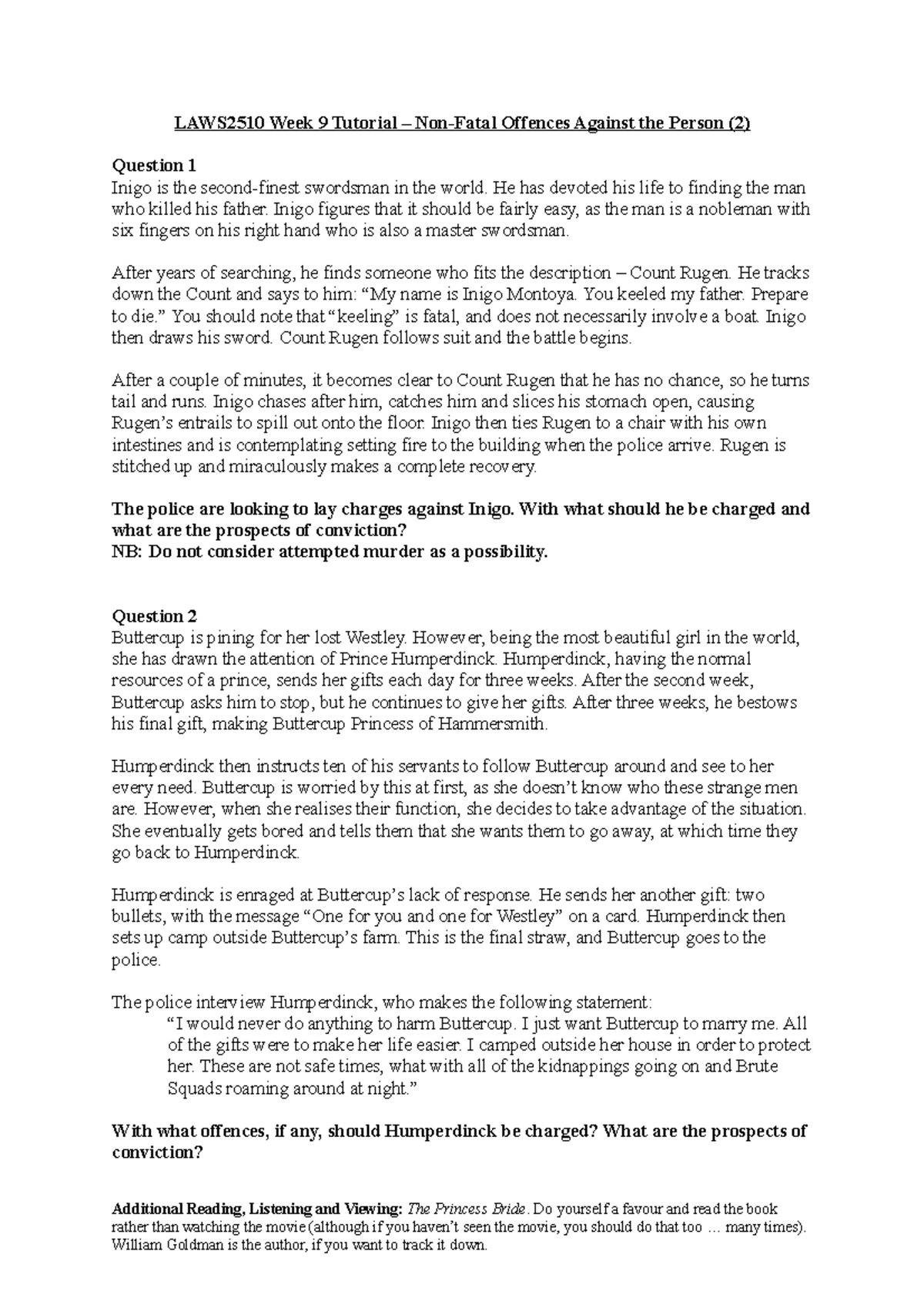 LAWS2510 Week 9 Tutorial - Non-Fatal Offences - LAWS2510 Week 9 ...