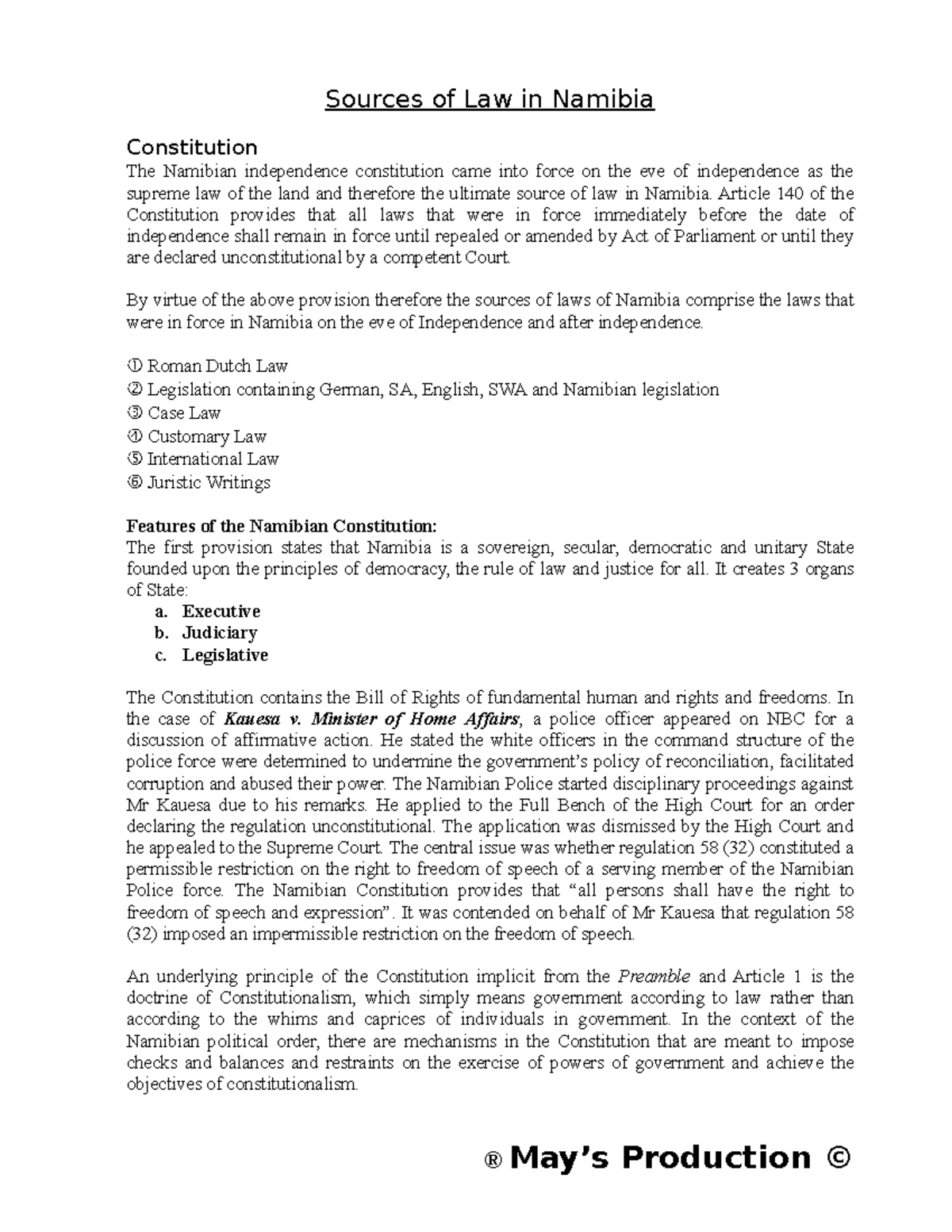 Introduction To Law Notes - Sources of Law in Namibia Constitution The ...