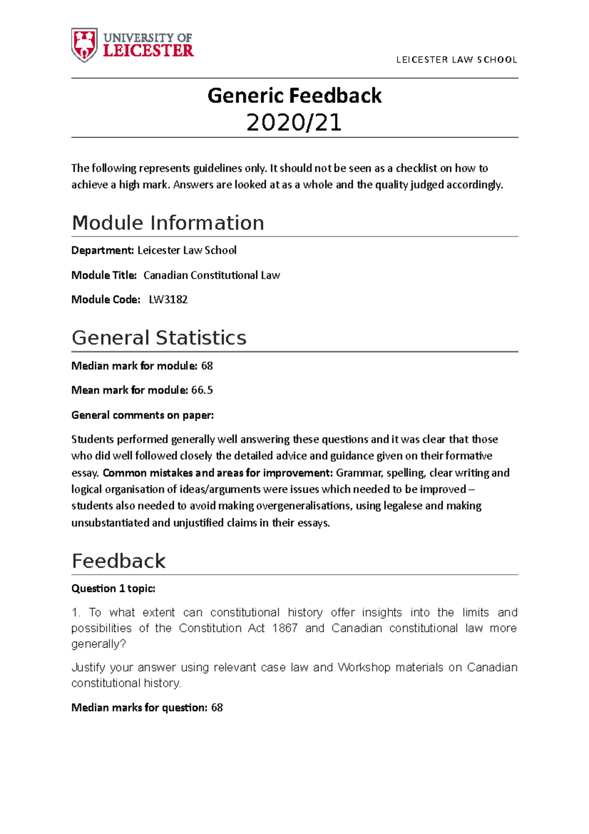CCL Generic Feedback Midsummer 2020 2021 - LEICESTER LAW SCHOOL Generic ...