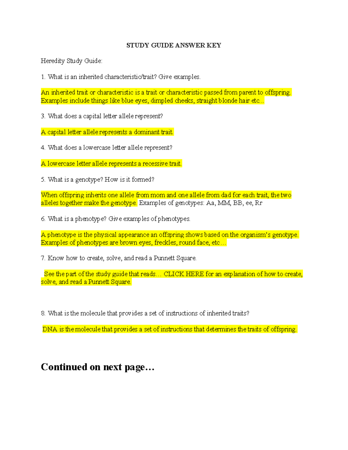 Quiz heredity Study Guide Answer KEY - STUDY GUIDE ANSWER KEY Heredity Study Guide: 1. What is ...