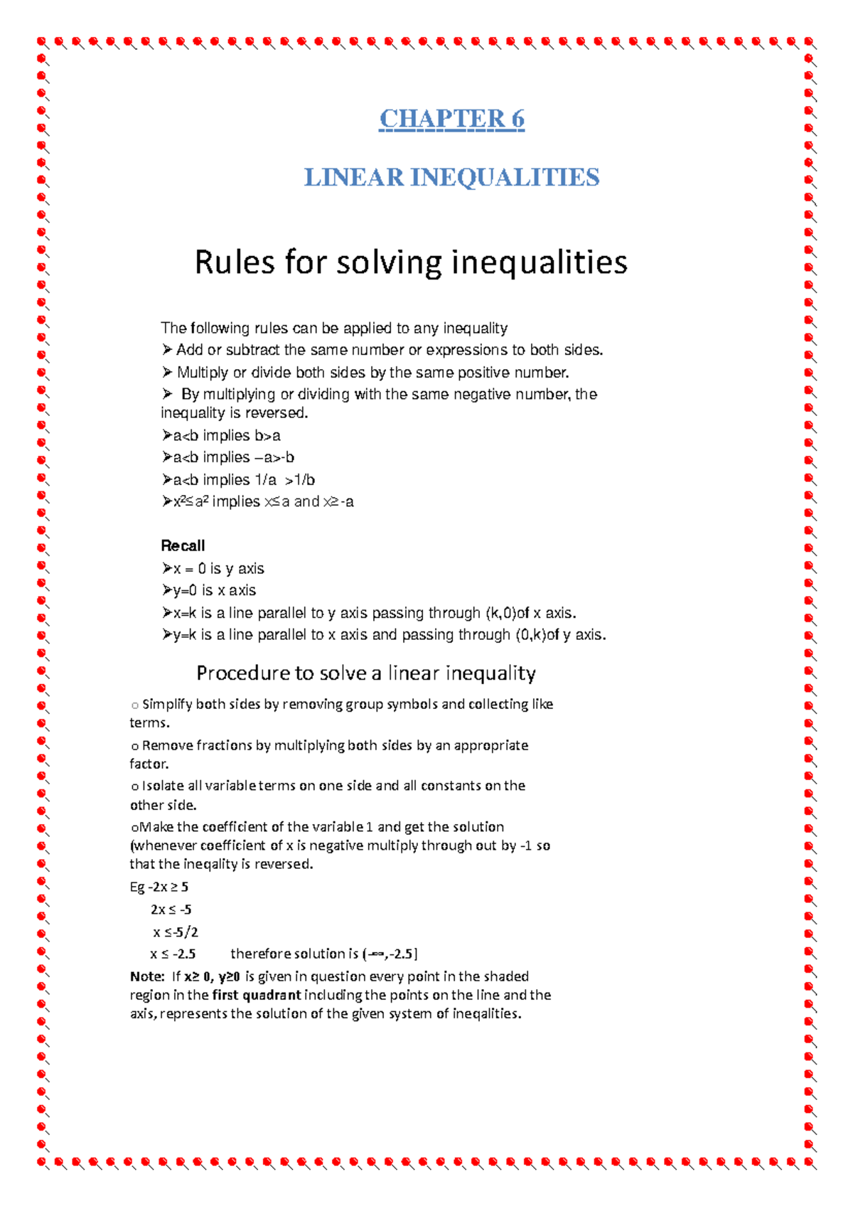 11 maths notes 06 Linear Inequalities - CHAPTER 6 LINEAR INEQUALITIES ...